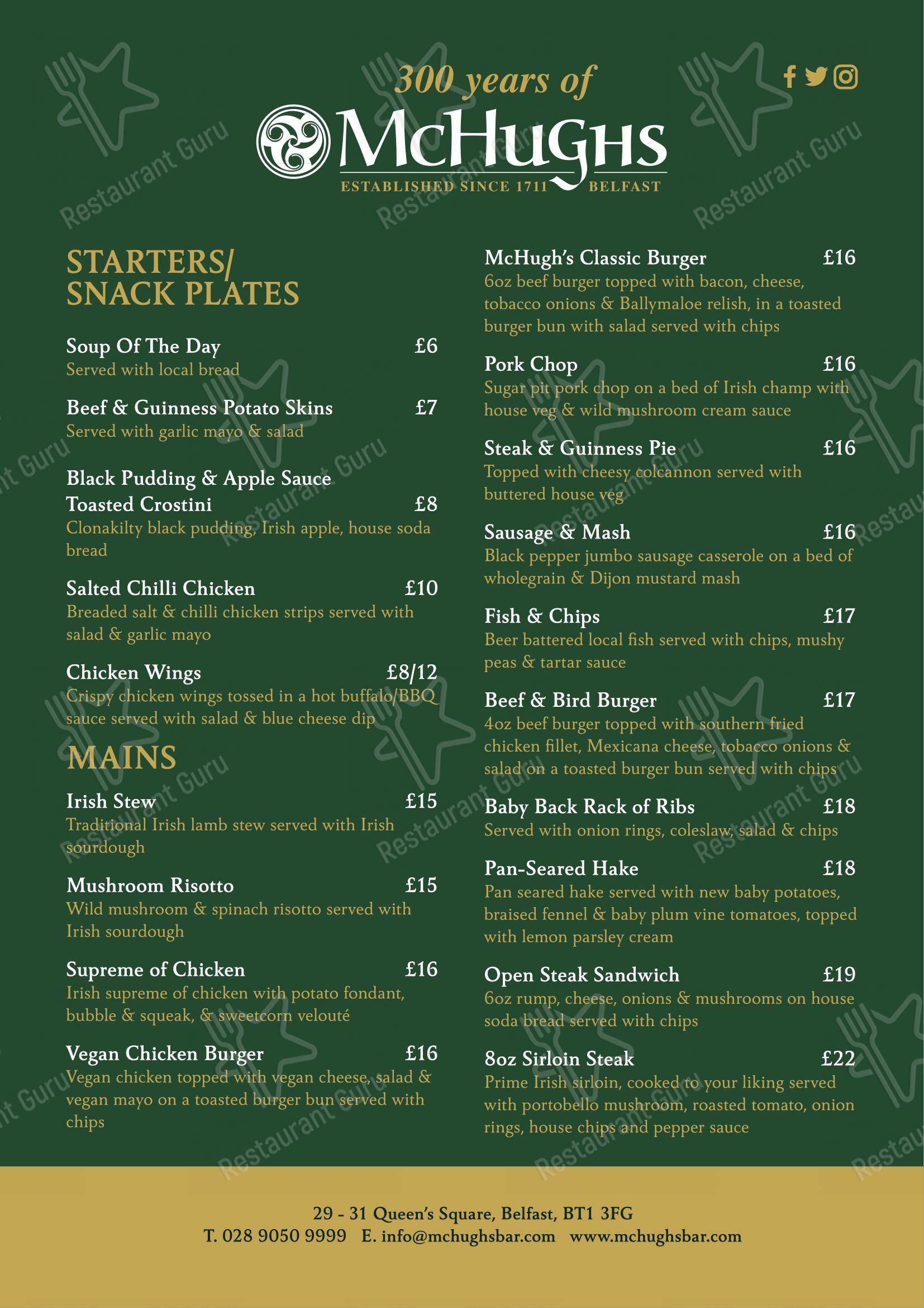 Menu at McHughs Bar & Restaurant, Belfast, 29-31 Queen's Square