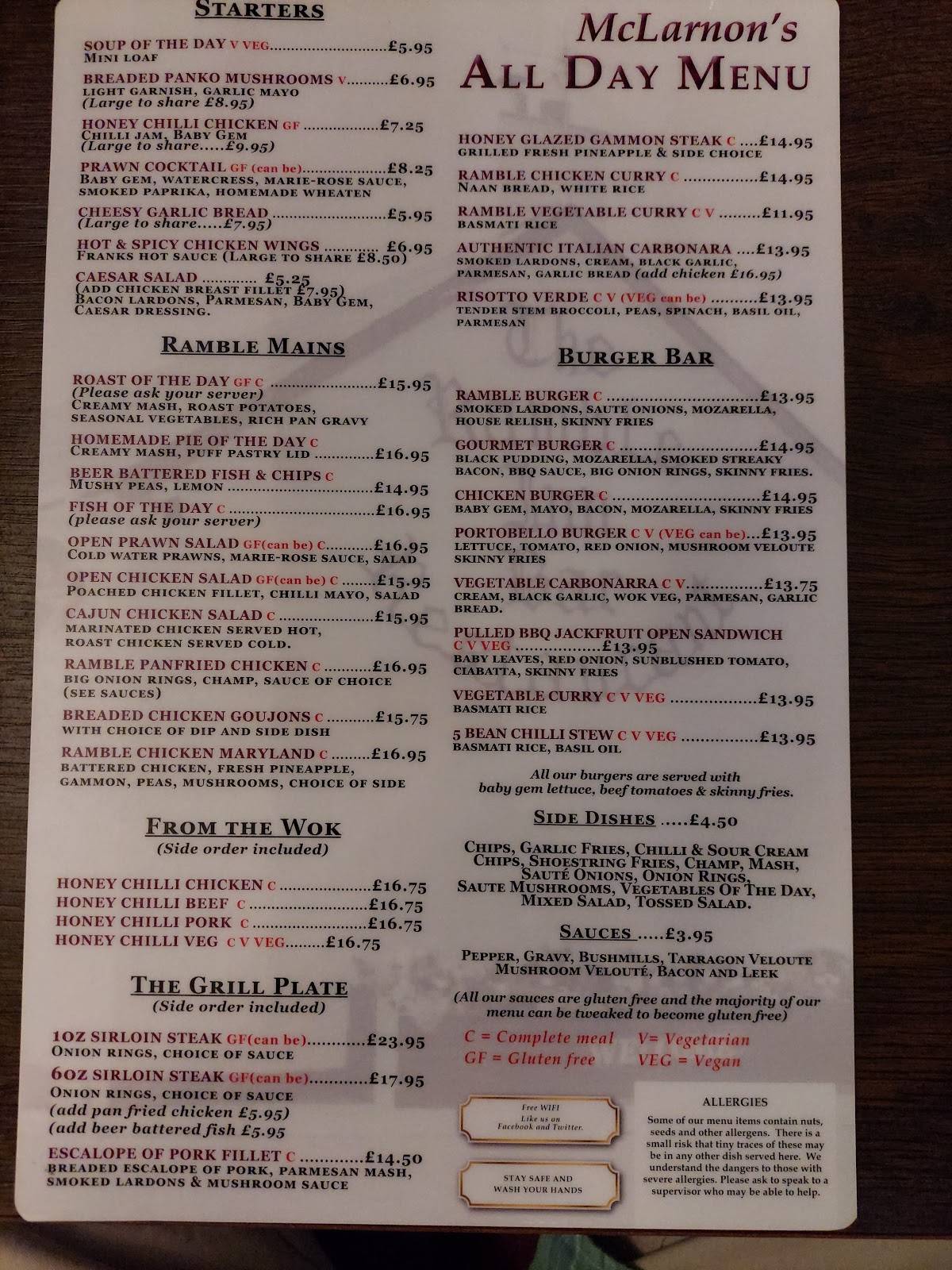 Menu at McLarnons Ramble Inn pub & bar, Antrim