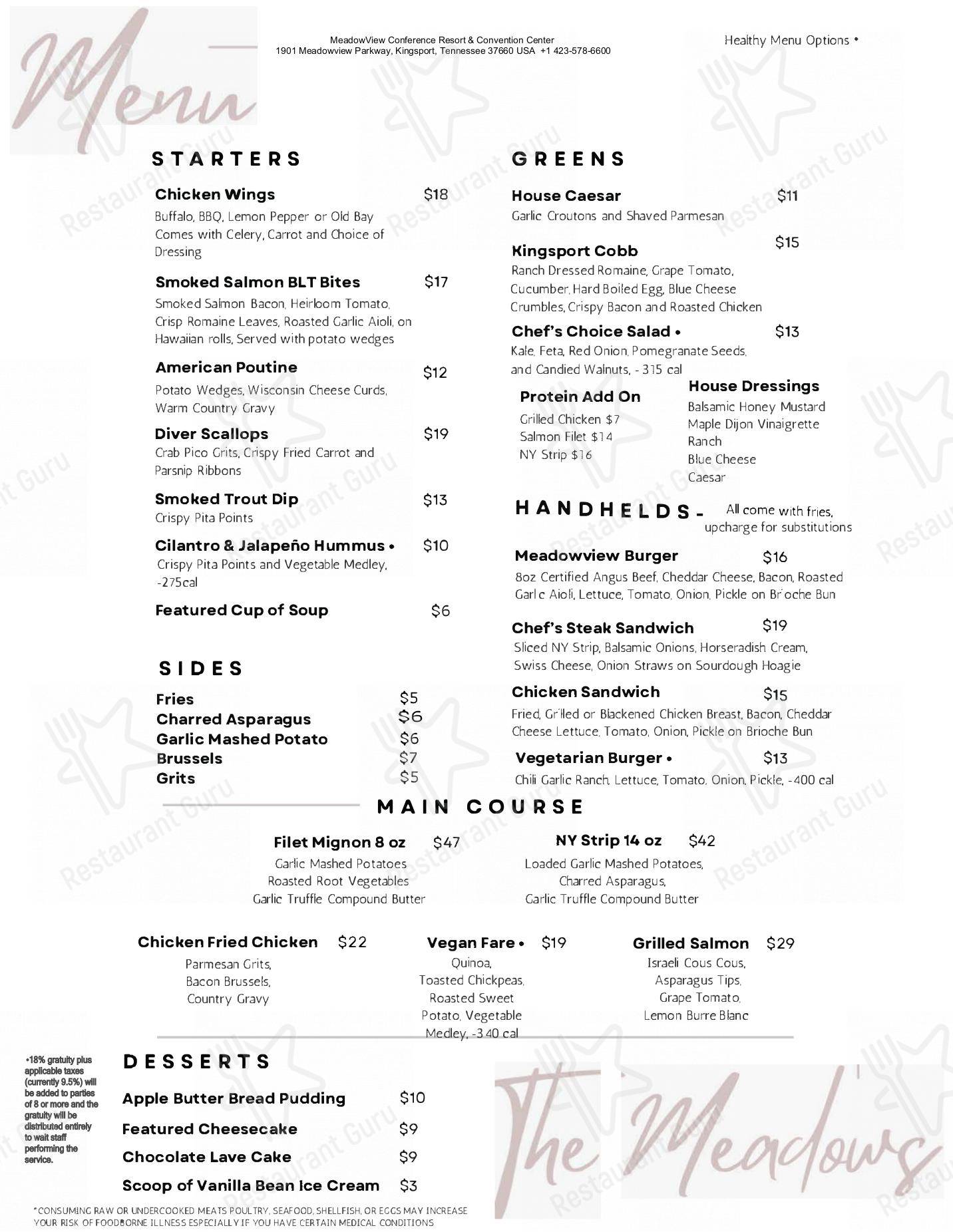 Menu at Meadows Restaurant, Kingsport