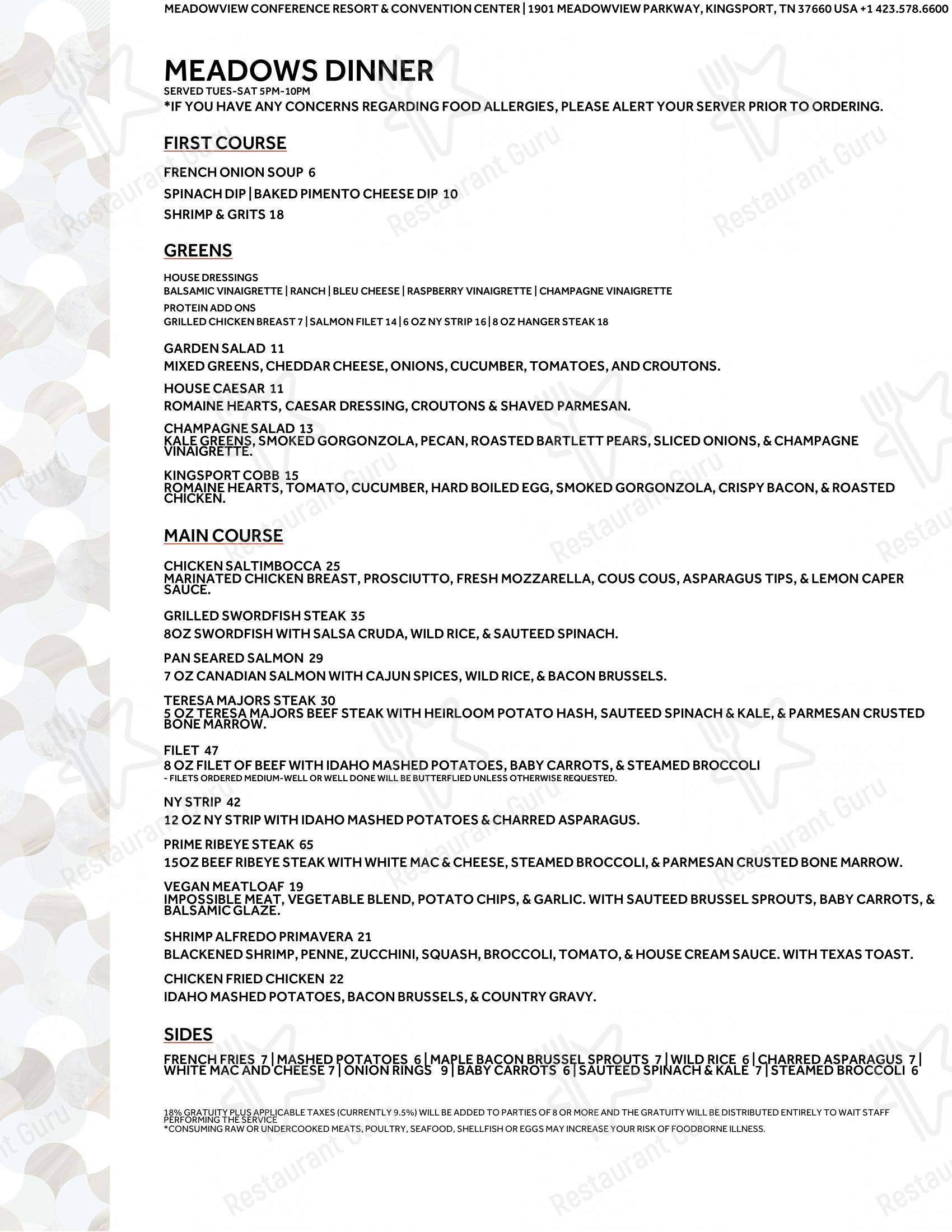 Menu at Meadows Restaurant, Kingsport