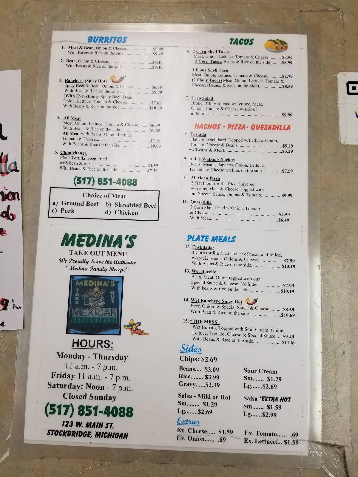 Menu at Medina's Take Out Mexican restaurant, Stockbridge