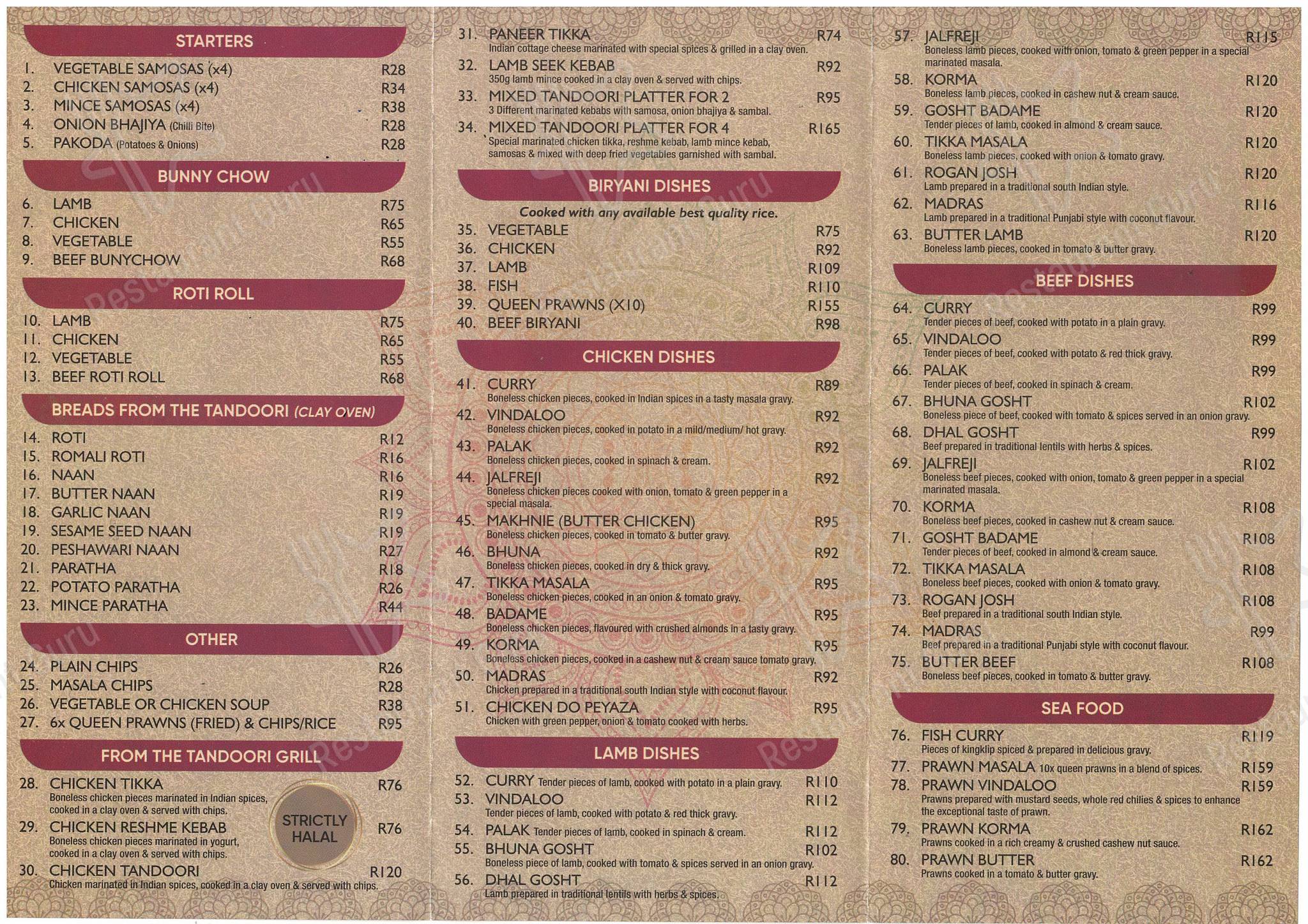 Menu at Mehak Indian Restaurant, Centurion