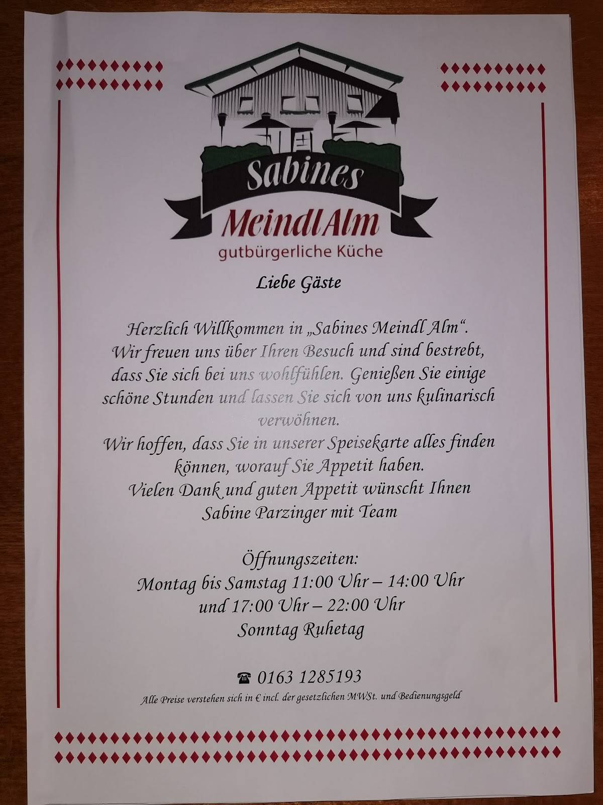 Speisekarte von Sabine's Meindl Alm restaurant, Bergen