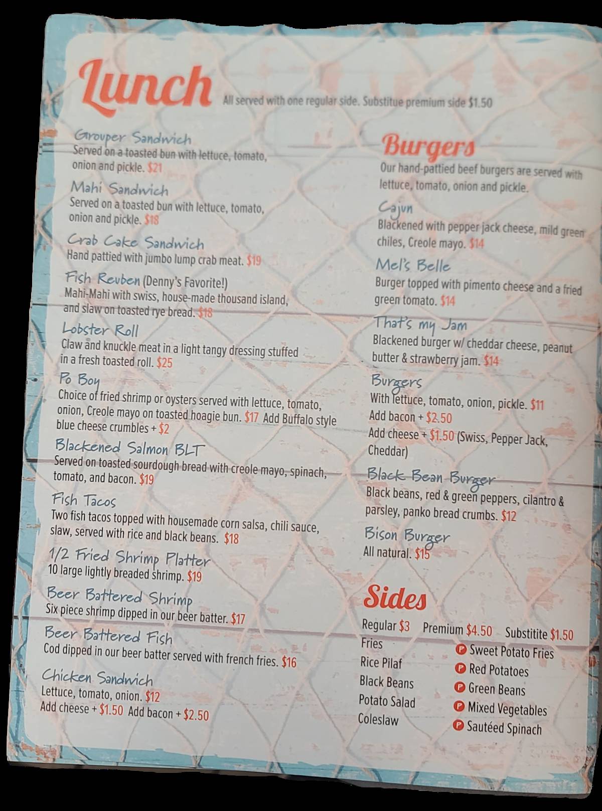 Menu at Melanie's Seafood Company restaurant, Lake Wales