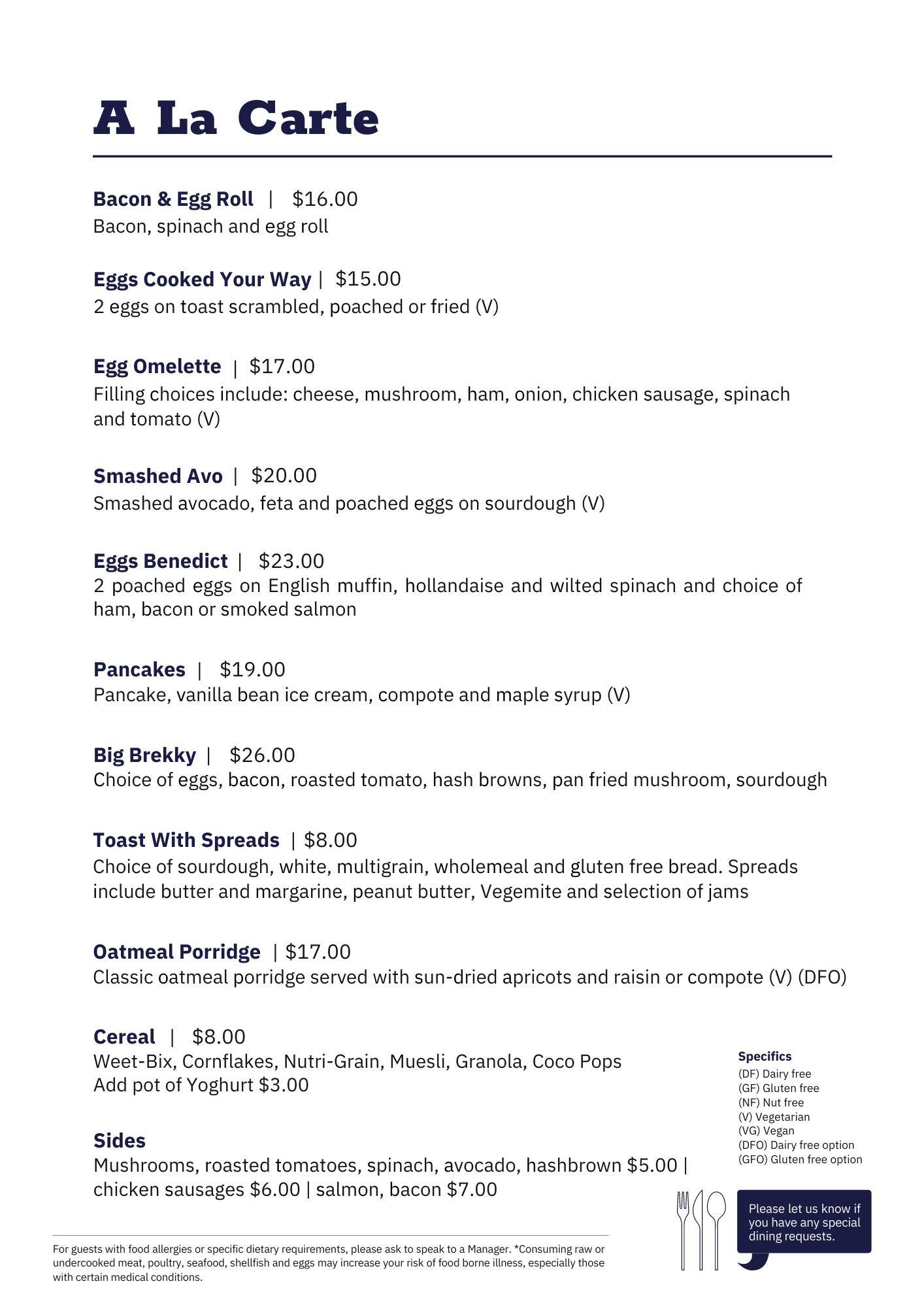 Menu at Platform 270 restaurant, Melbourne