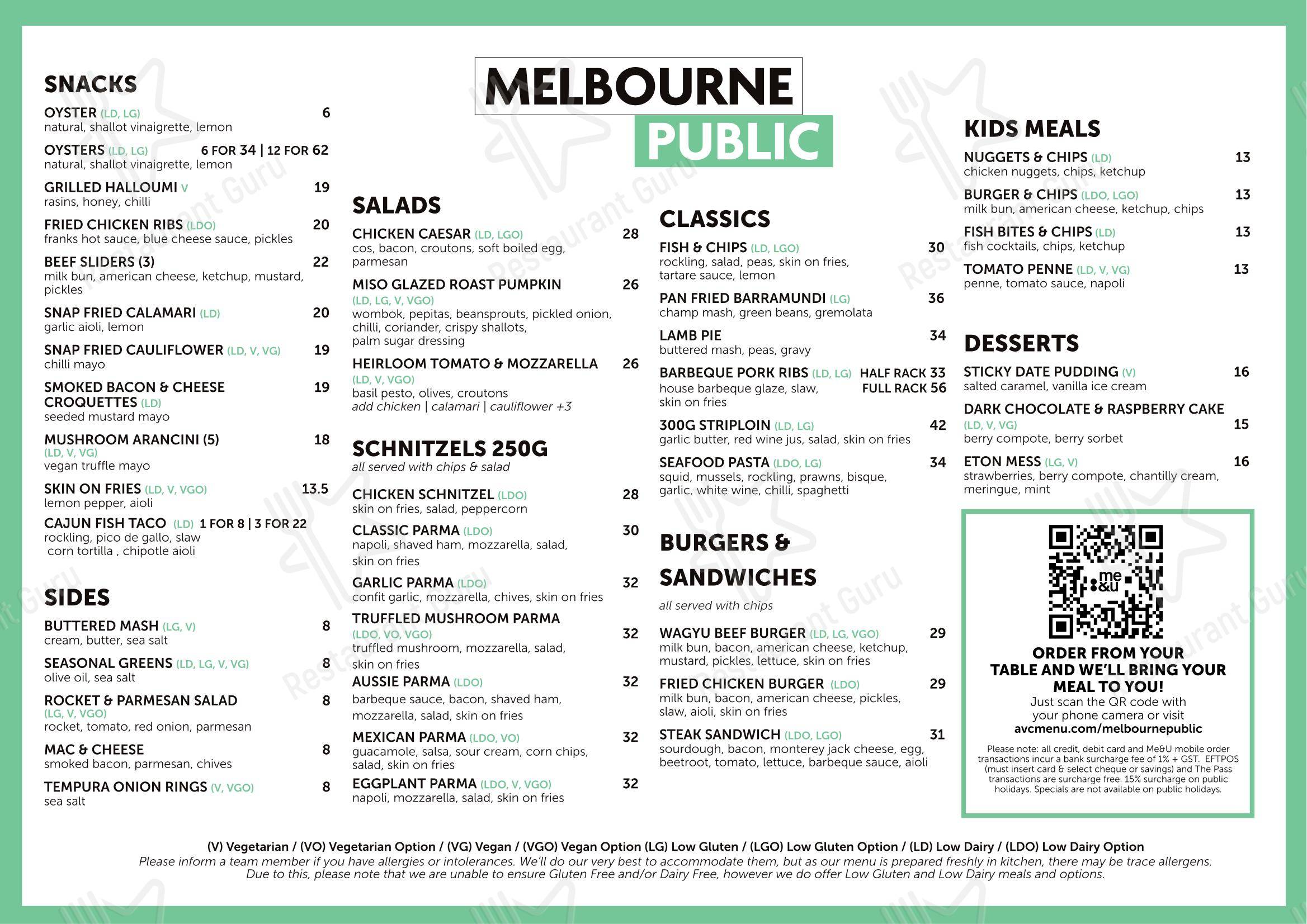 Menu at Melbourne Public, South Wharf, 11 Dukes Walk