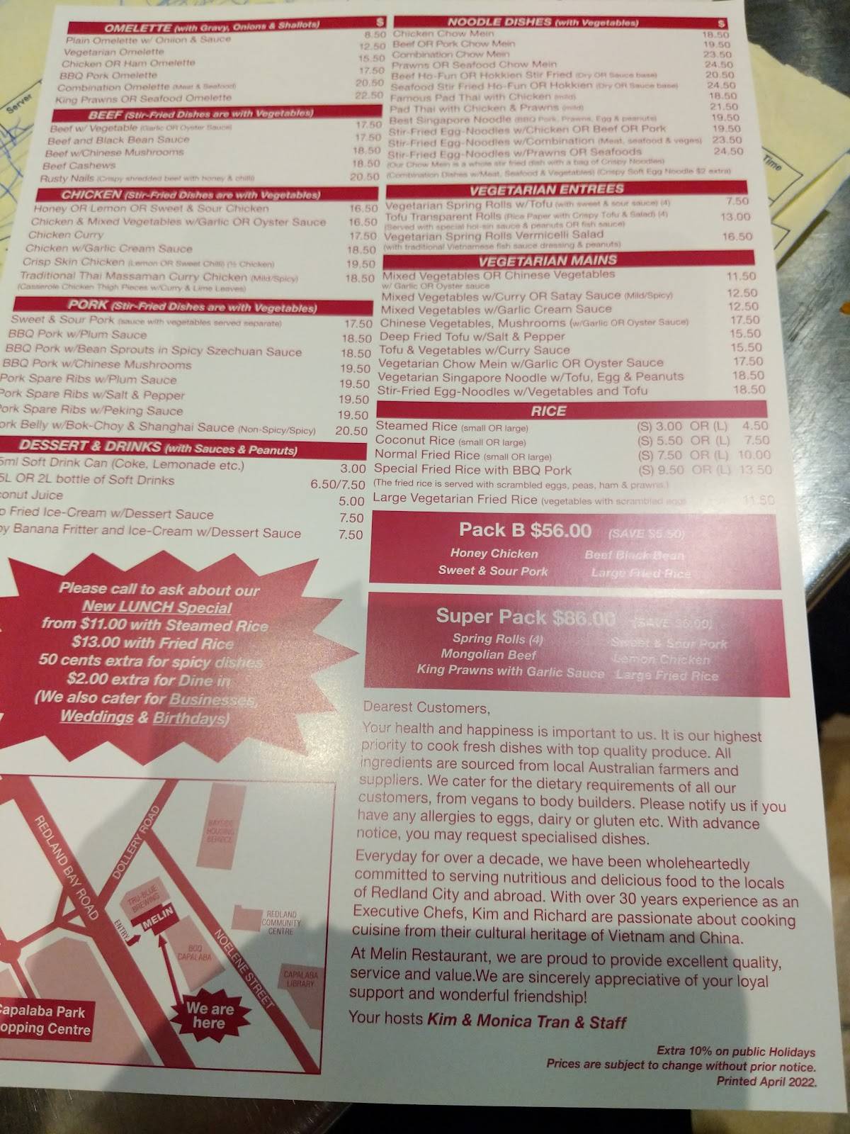Menu at Melin Vietnamese & Chinese Restaurant, Capalaba