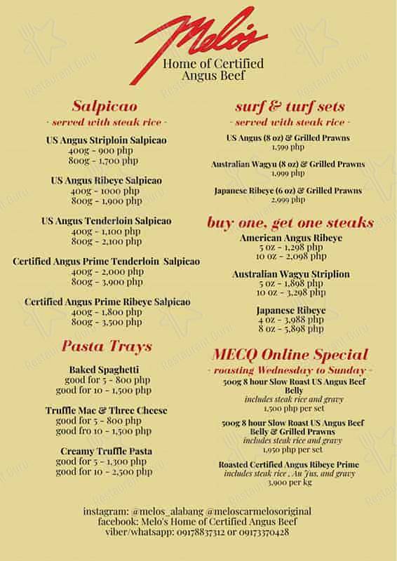 Menu at Melo's Restaurant, Quezon City, 58 Sgt. Esguerra Ave