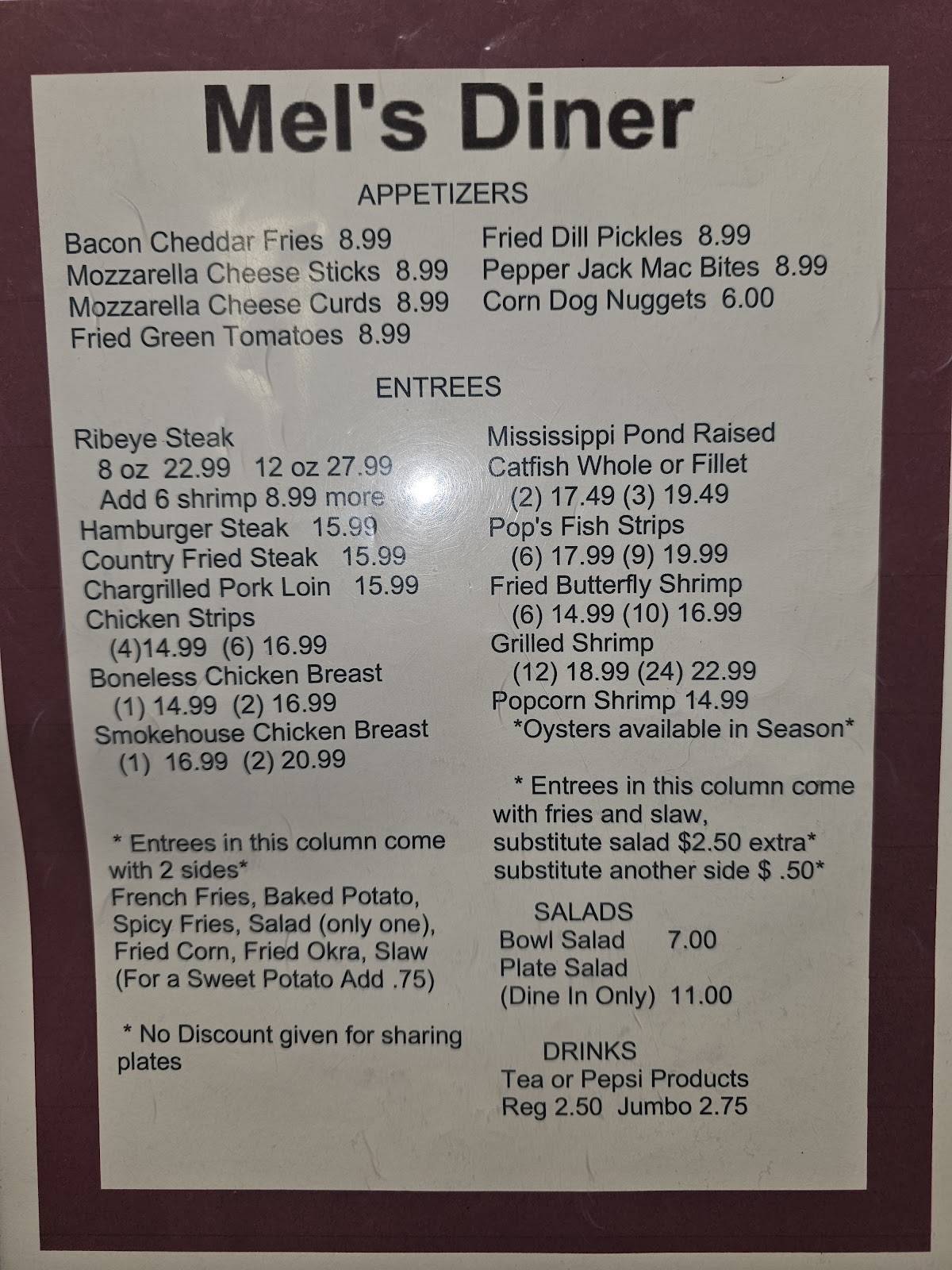 Menu at Mel's Diner restaurant, Smithville
