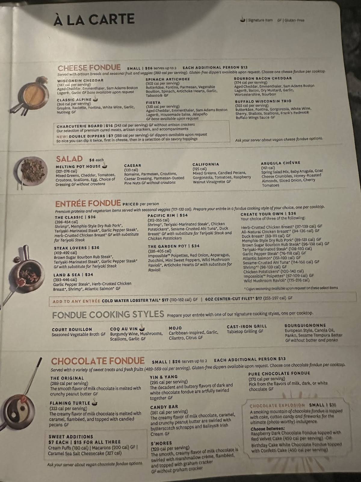 Menu at Melting Pot restaurant, Knoxville