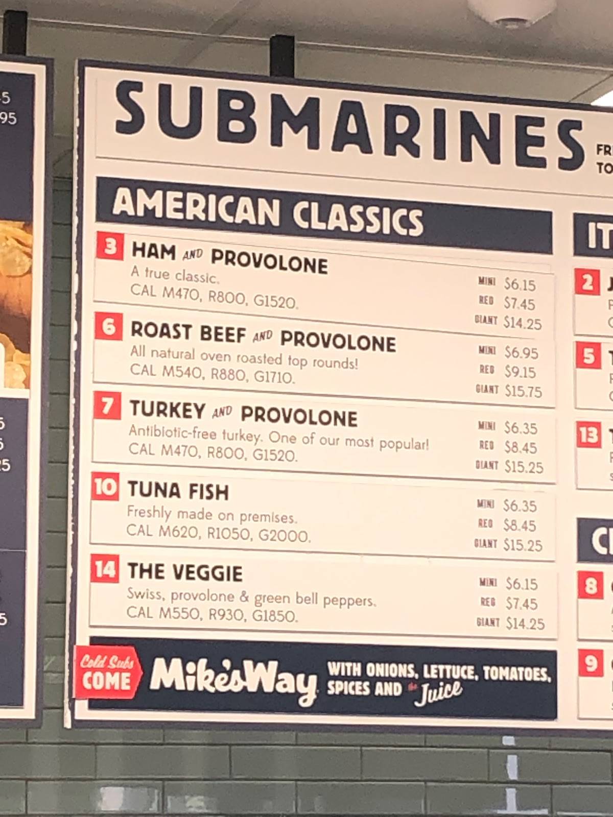 Menu at Jersey Mike's Subs fast food, Memphis, Poplar Ave