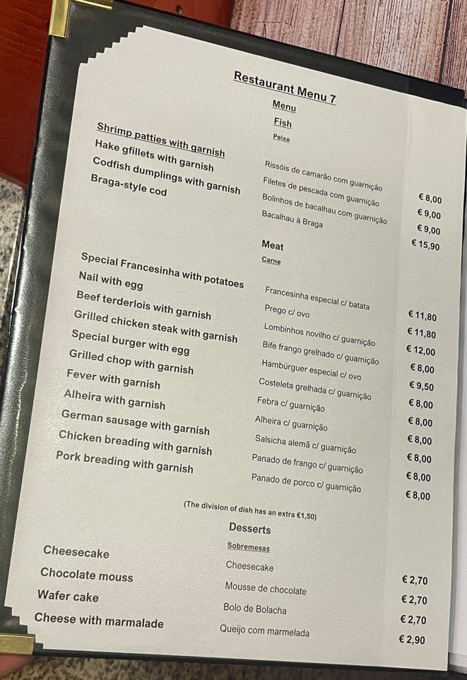 Menu at Menu 7 restaurant, Porto