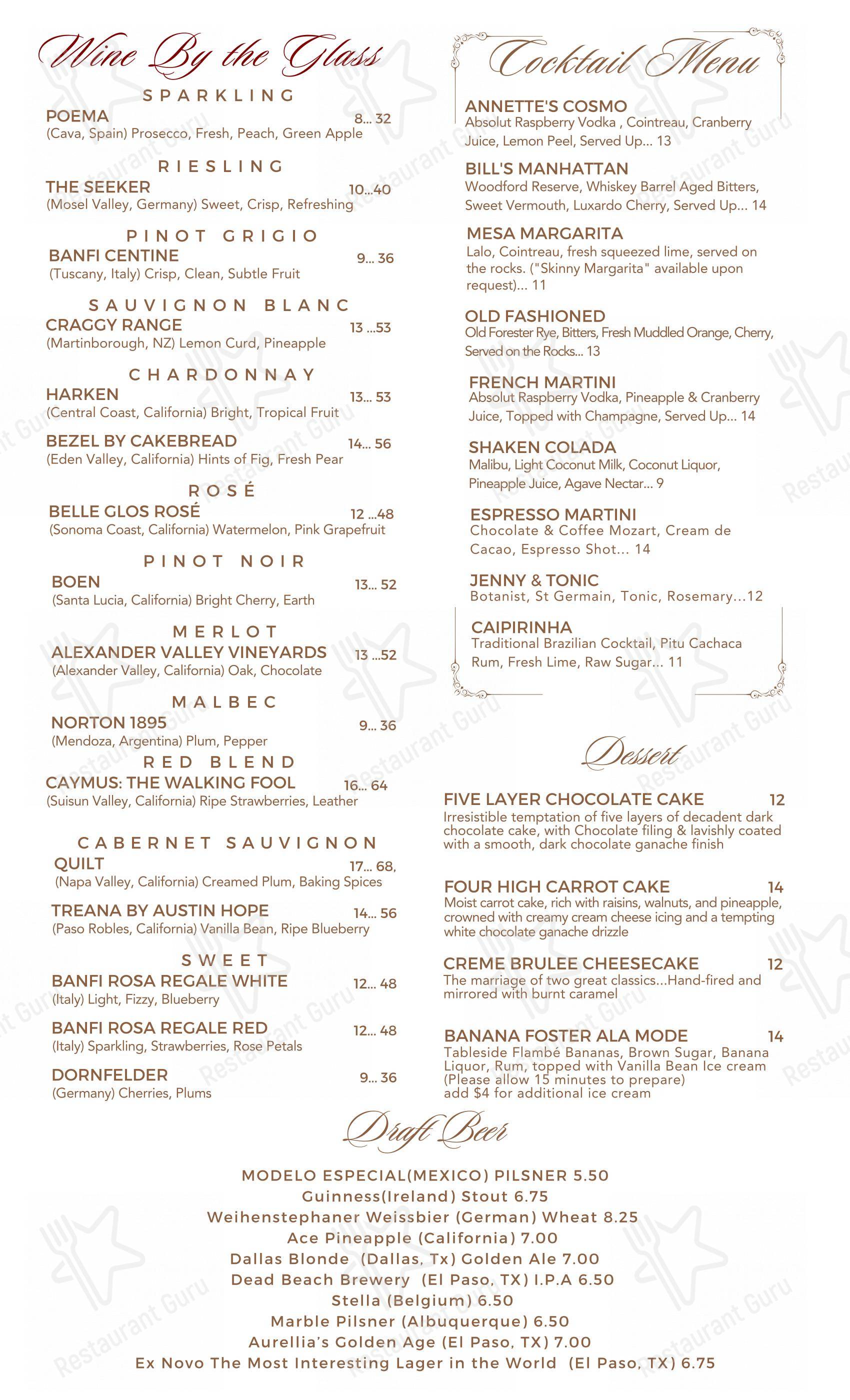 Menu at Mesa Street Grill restaurant, El Paso, N Mesa St Suite D-1
