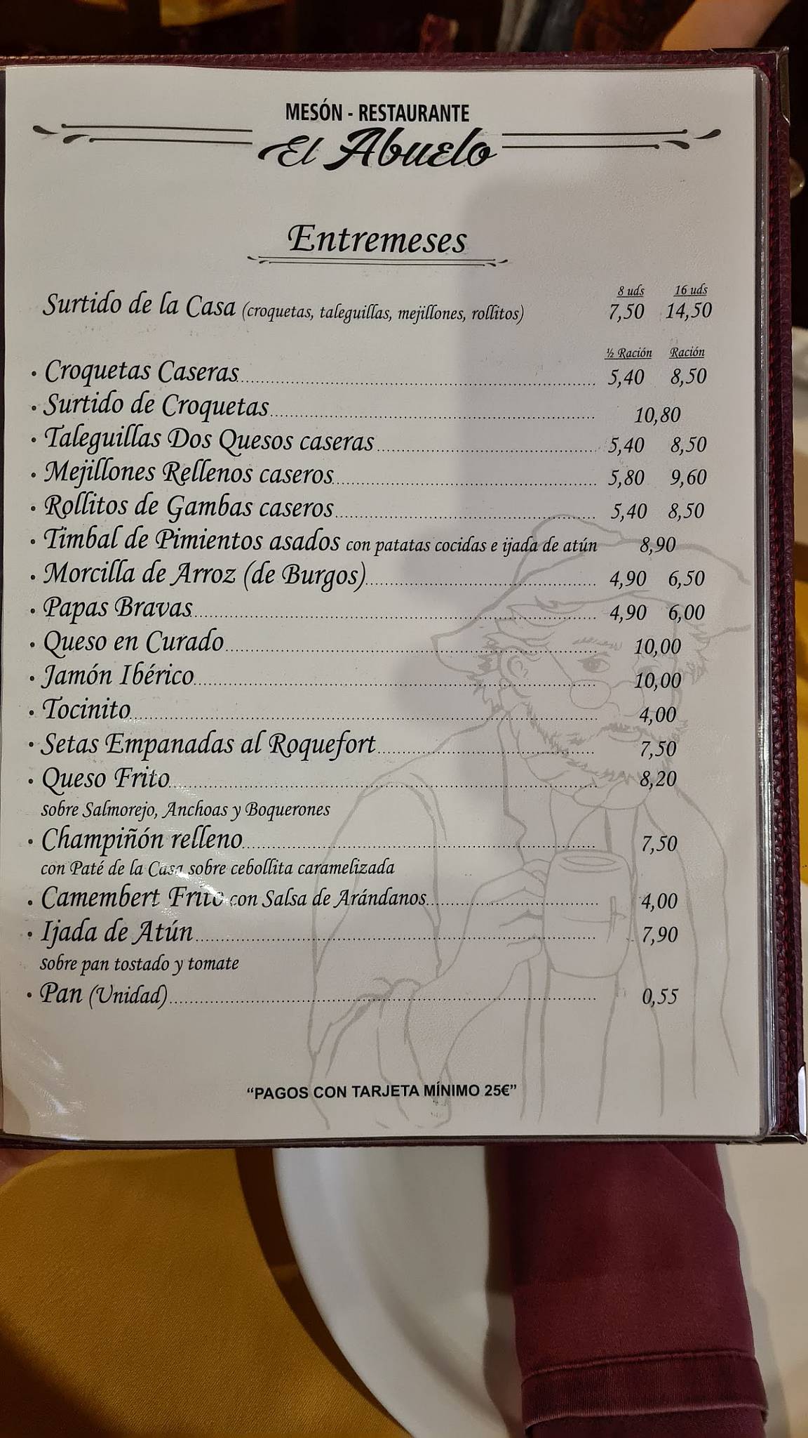 Carta del restaurante Mesón El Abuelo, Burguillos