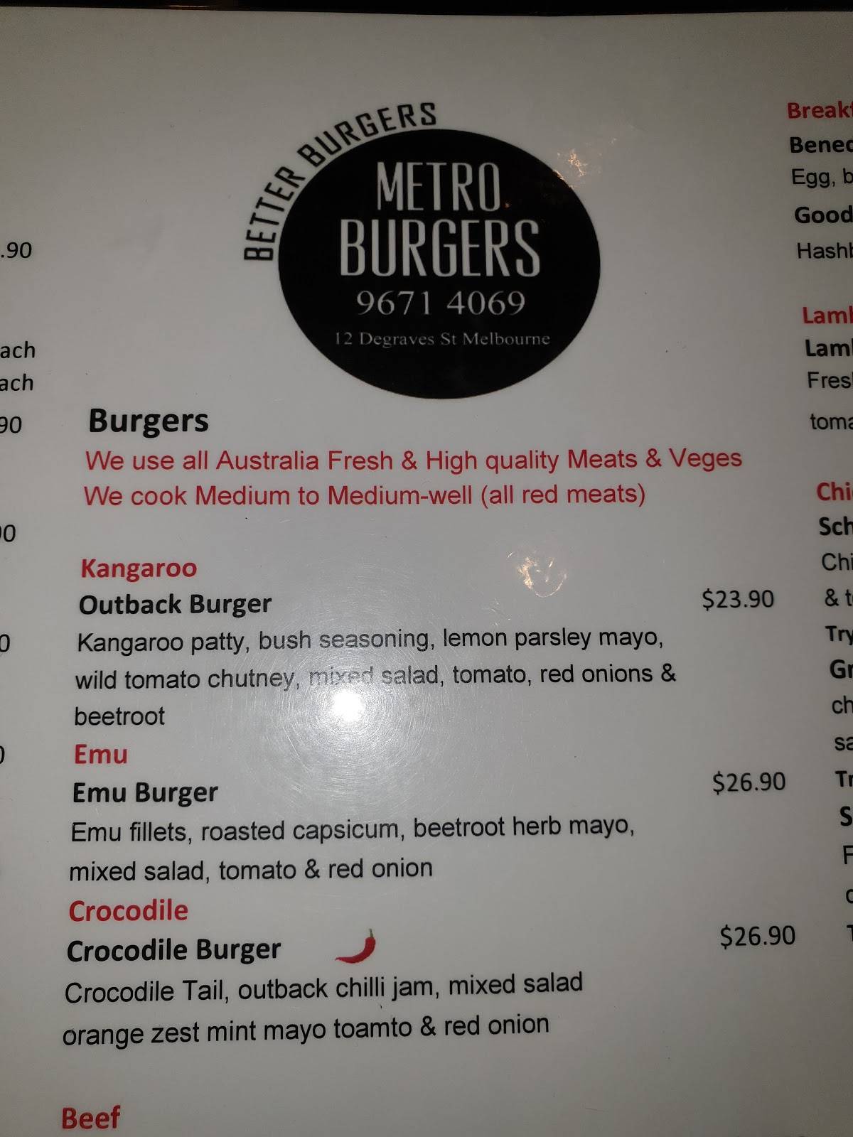 Menu at Metro Burgers restaurant, Melbourne, 12 Degraves St