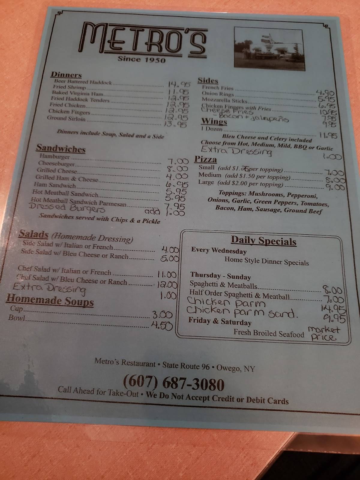 Menu at Metro's pizzeria, Owego