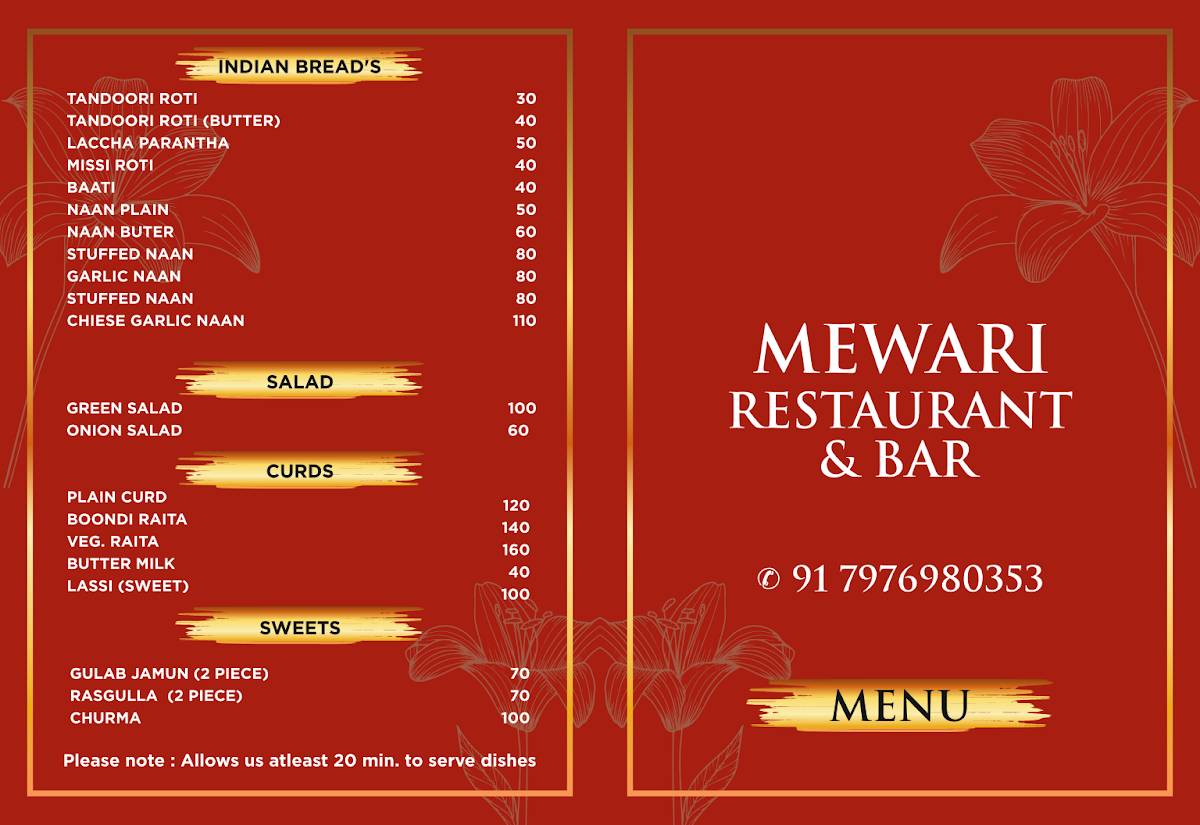 Menu at Mewari Restaurant & Bar, Udaipur