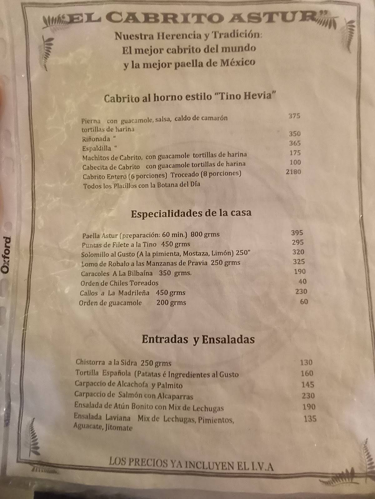 Menu at El Cabrito Astur restaurant, Mexico City