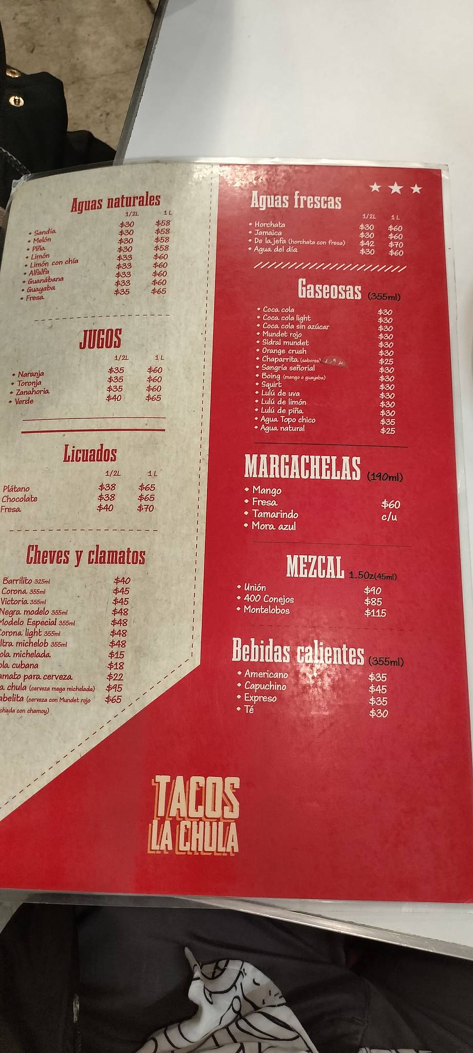 Carta del restaurante Tacos La Chula Revolución, Ciudad del México