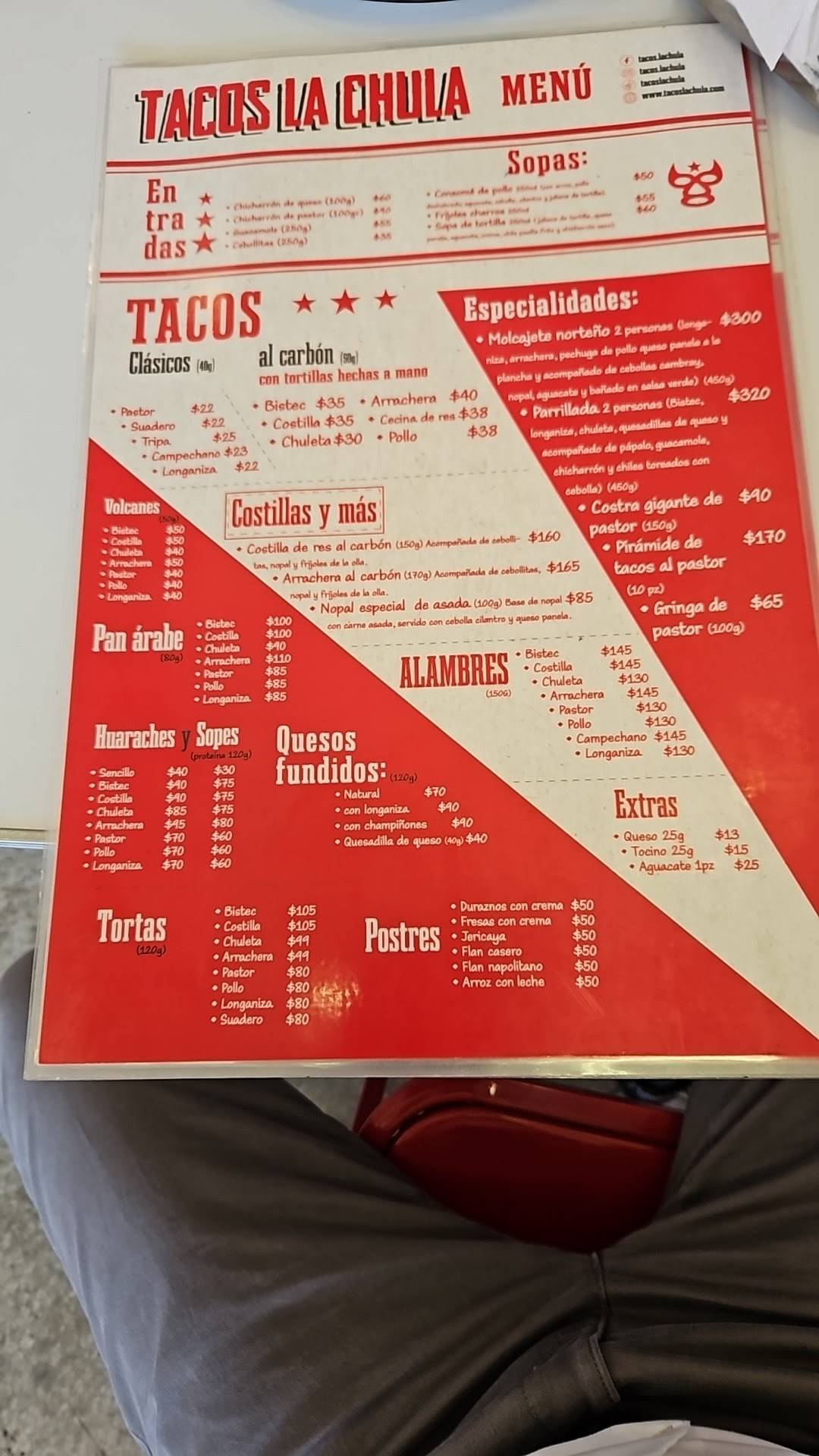 Carta del restaurante Tacos La Chula Revolución, Ciudad del México