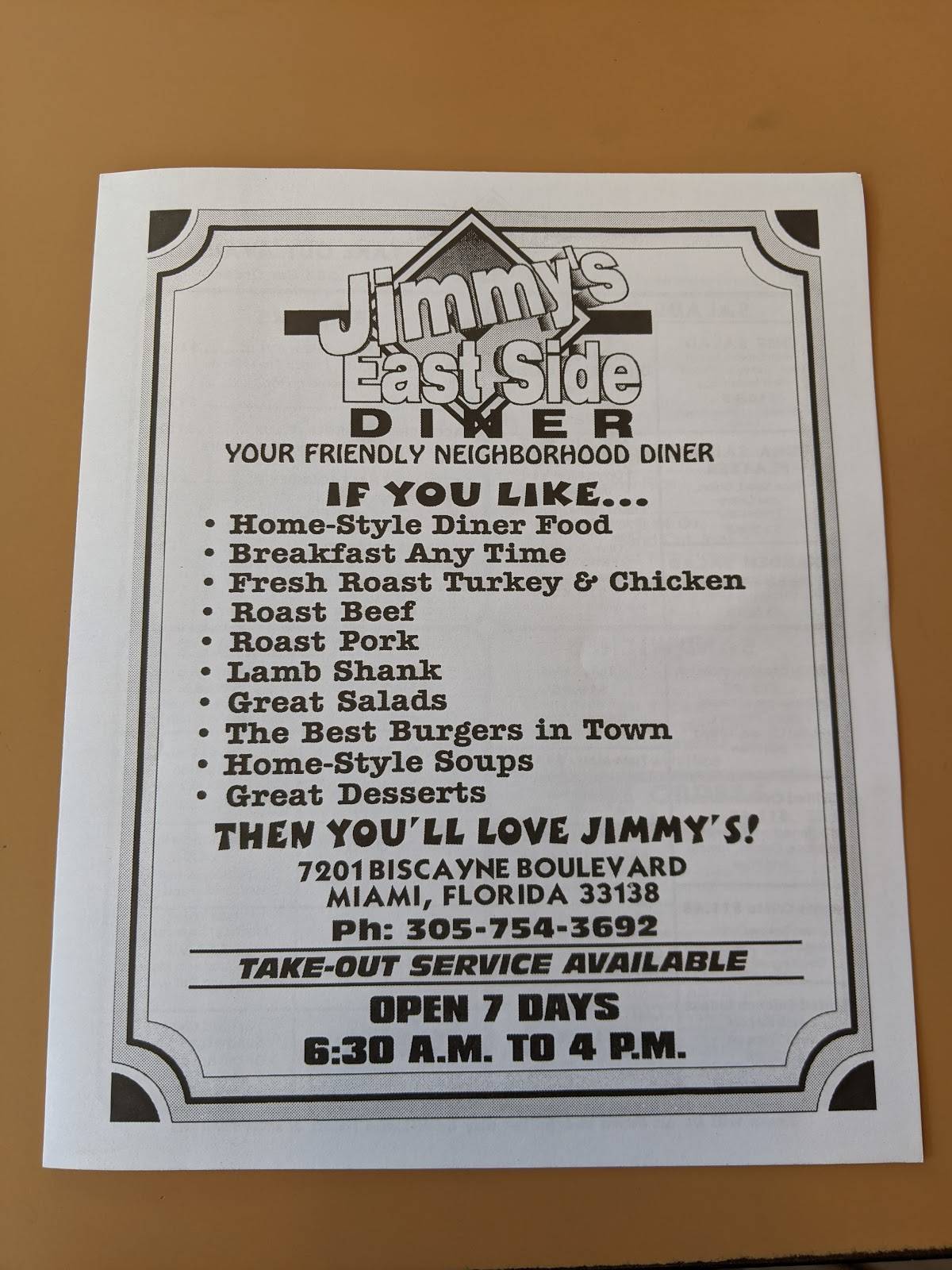 Menu at Jimmy's Eastside Diner restaurant, Miami