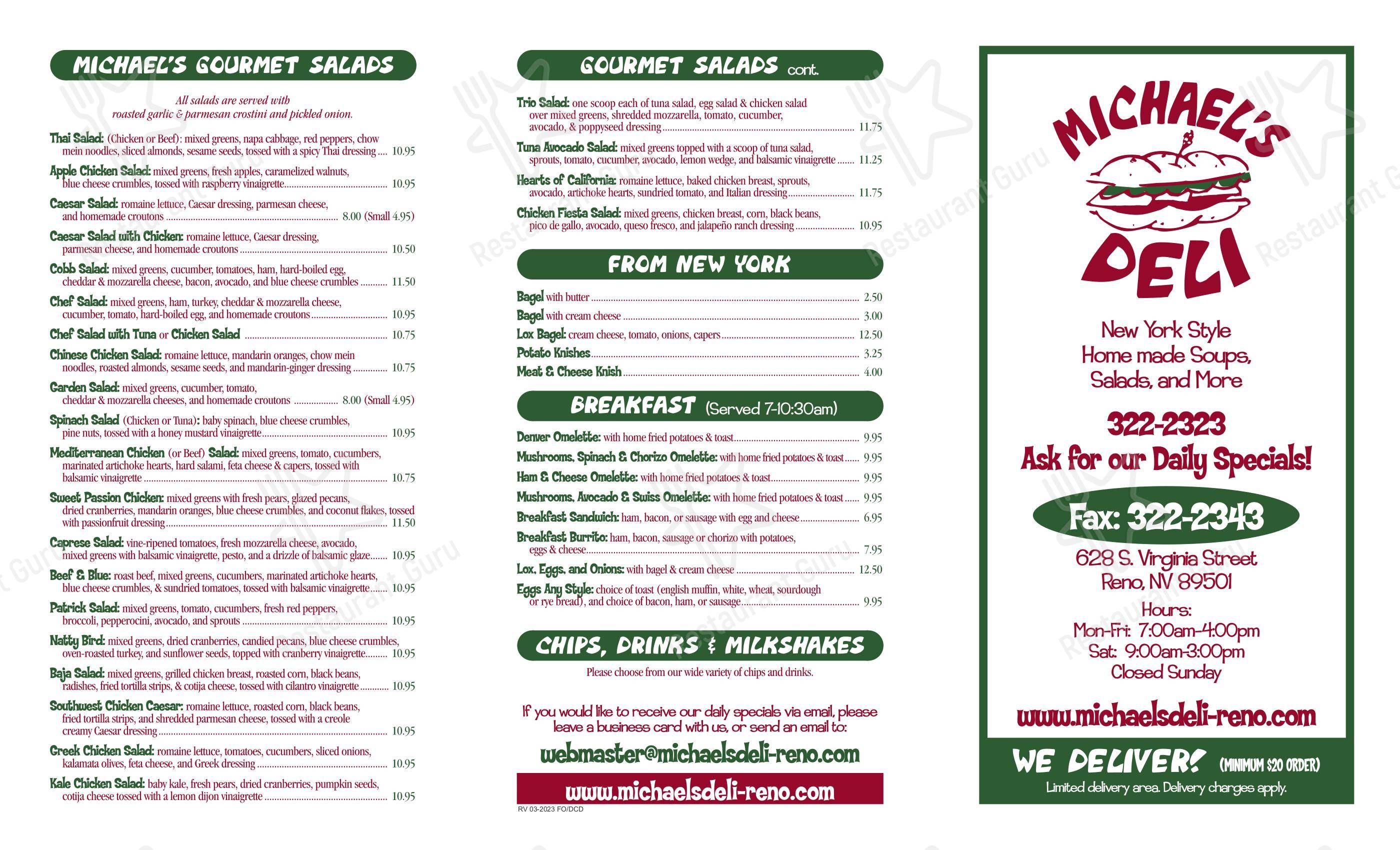 Menu at Michael's Deli restaurant, Reno