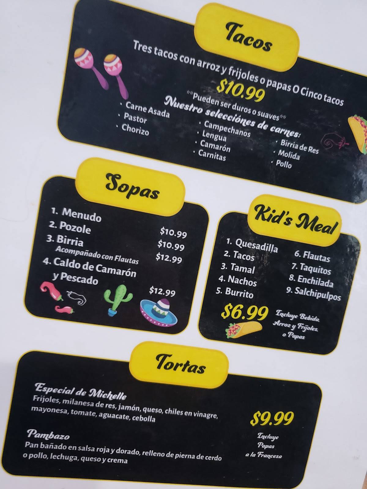 Menu at Michelle's Tacos restaurant, Rapid City