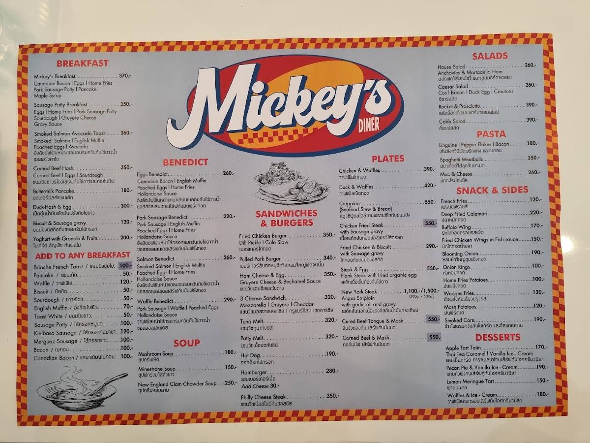 Menu at Mickey's Diner BKK pub & bar, Bangkok, GF Floor