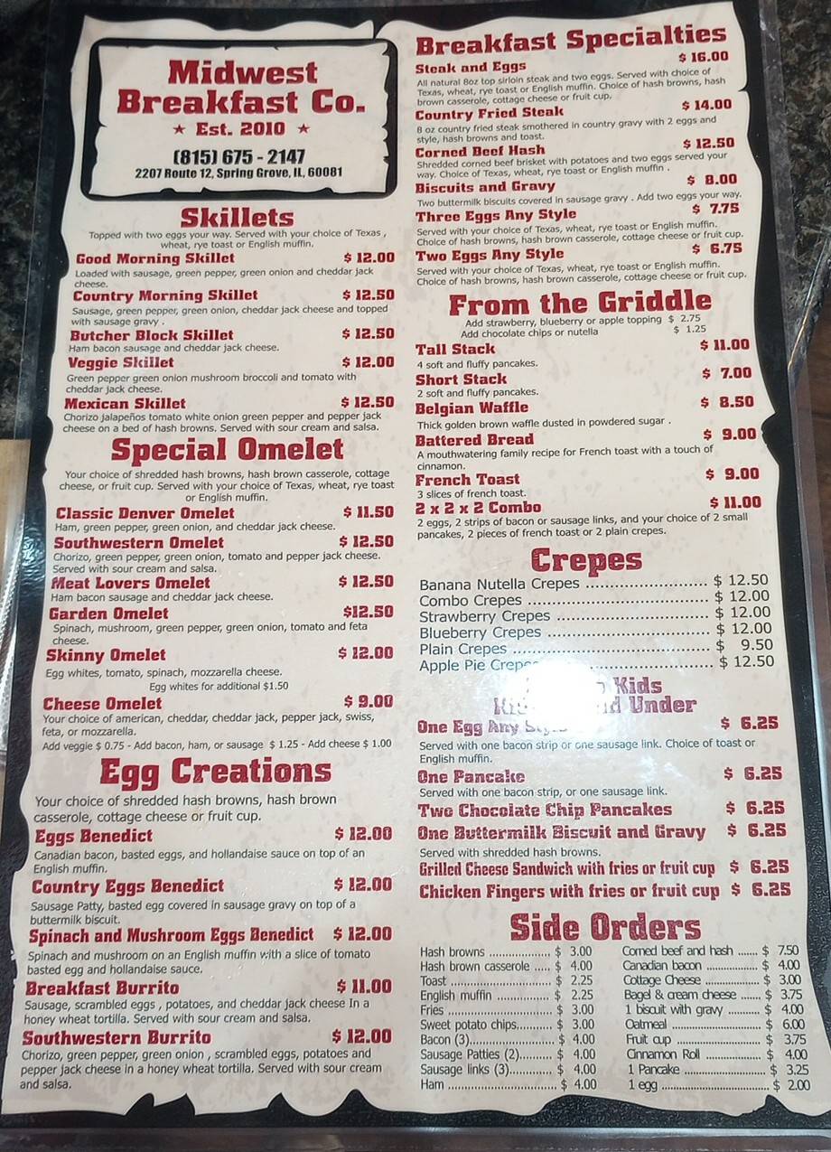 Menu at Midwest Breakfast Co. restaurant, Spring Grove