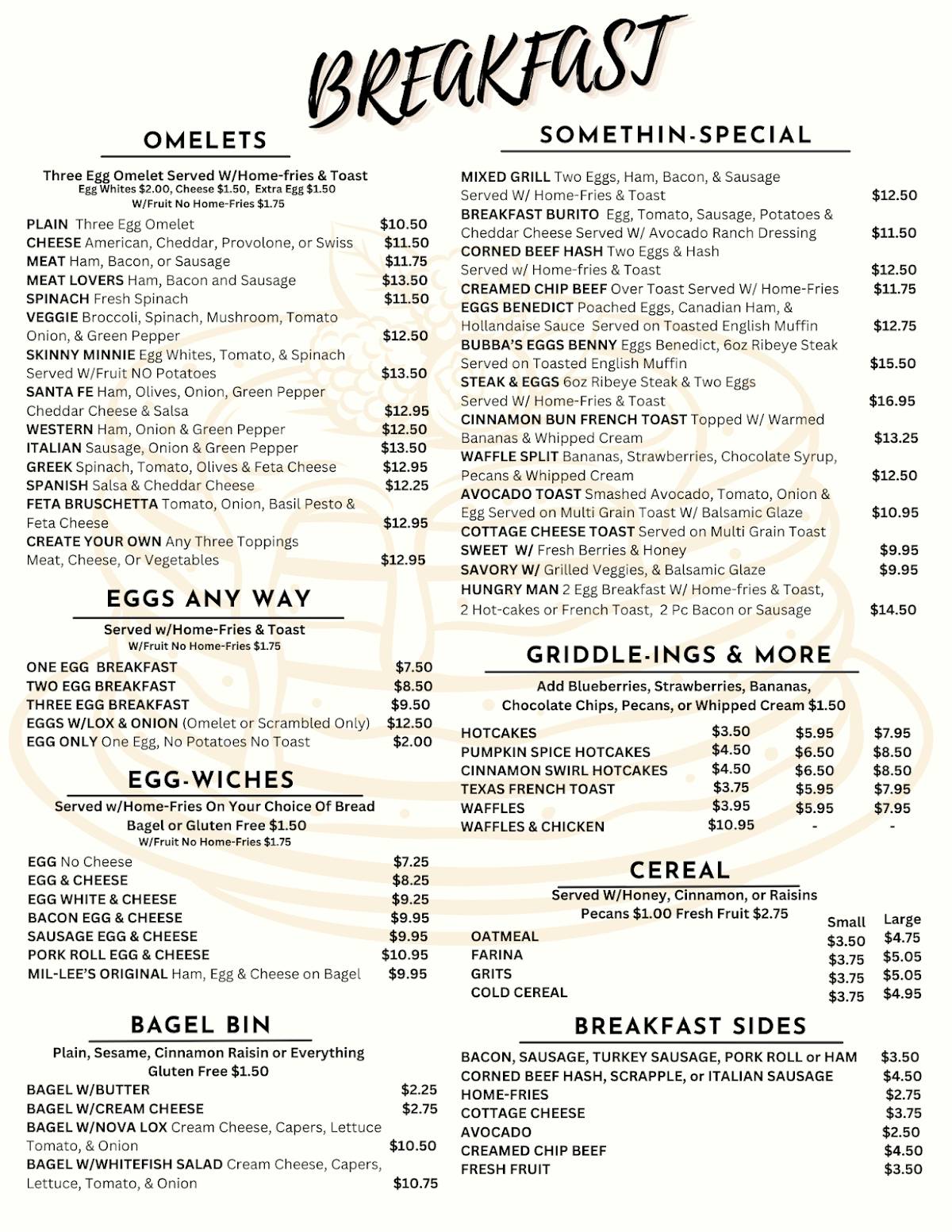 Menu at Mil-Lee's Diner restaurant, Yardley