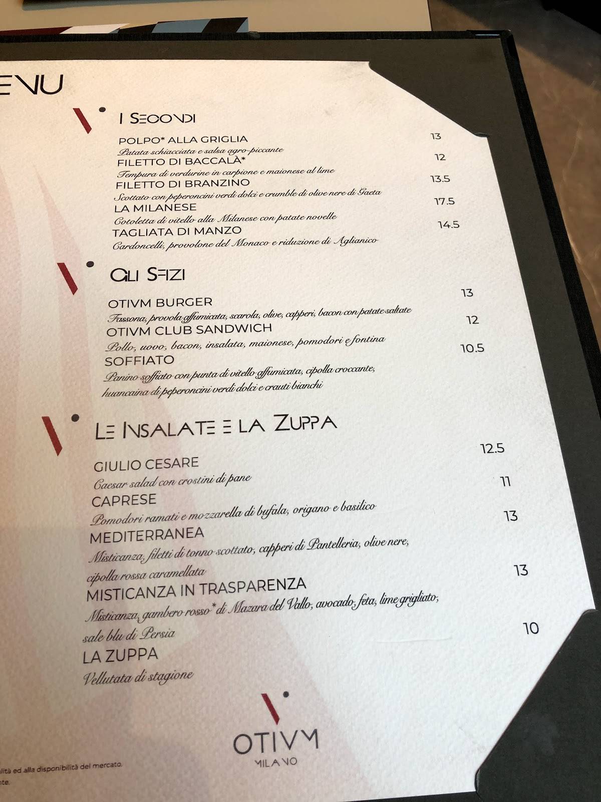 Menu at OTIVM restaurant, Milan