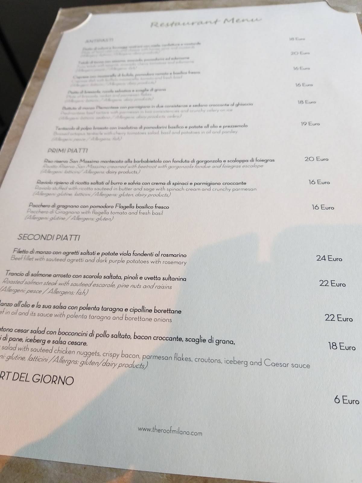 Menu at The Roof Milano restaurant, Milan