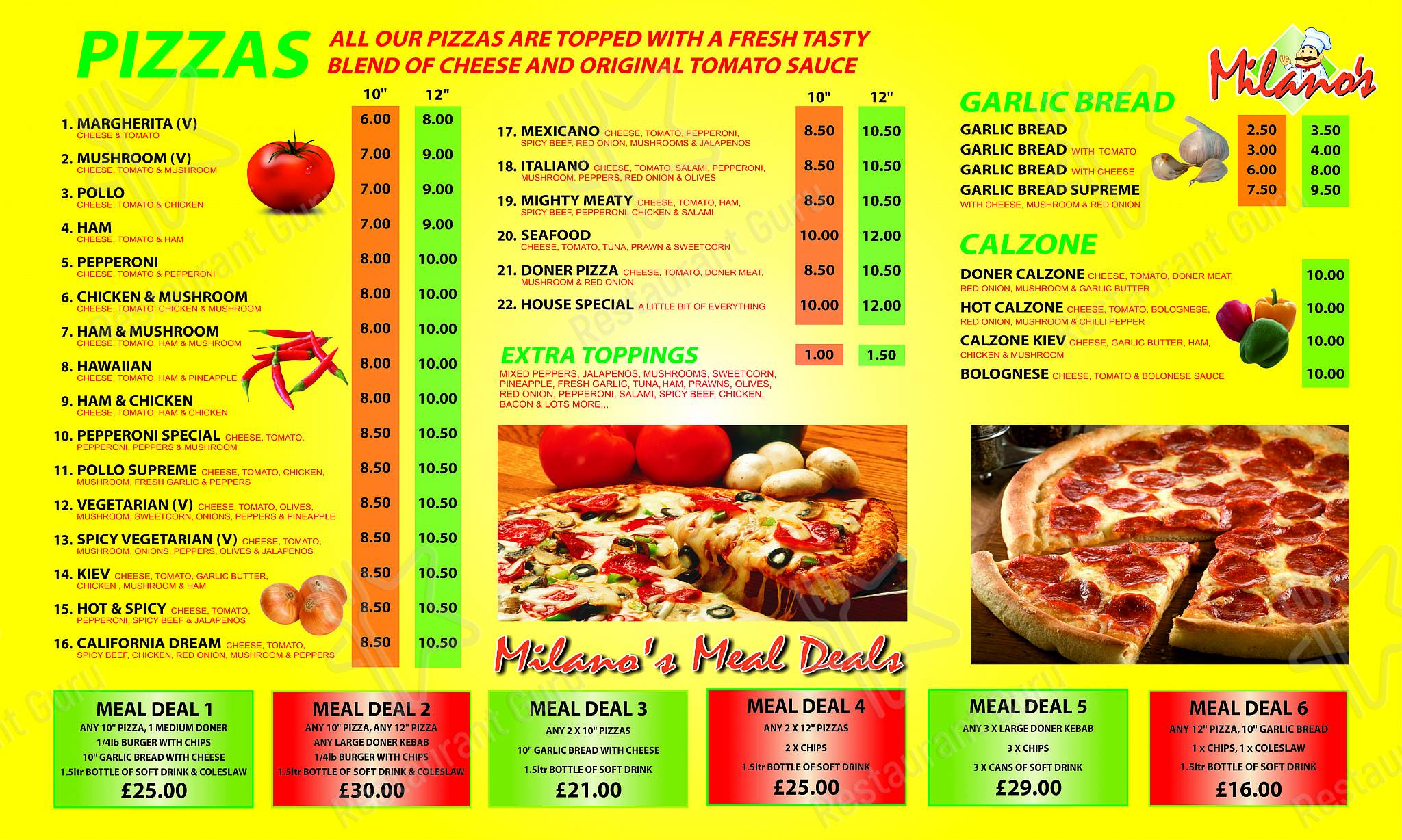 Menu at Milano's Pizza & Kebab fast food, Skegness