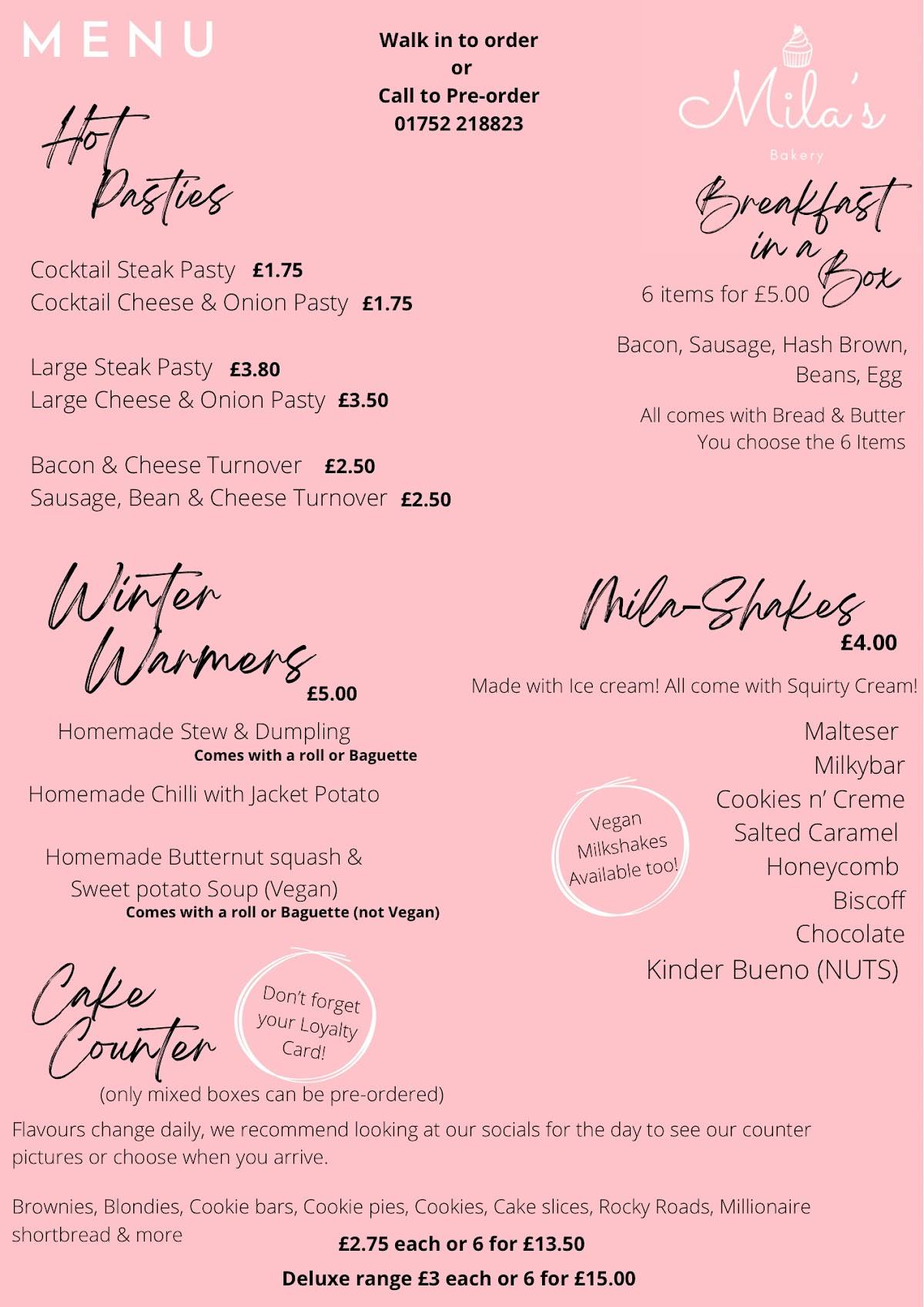 Menu at Mila’s Bakery, Plymouth