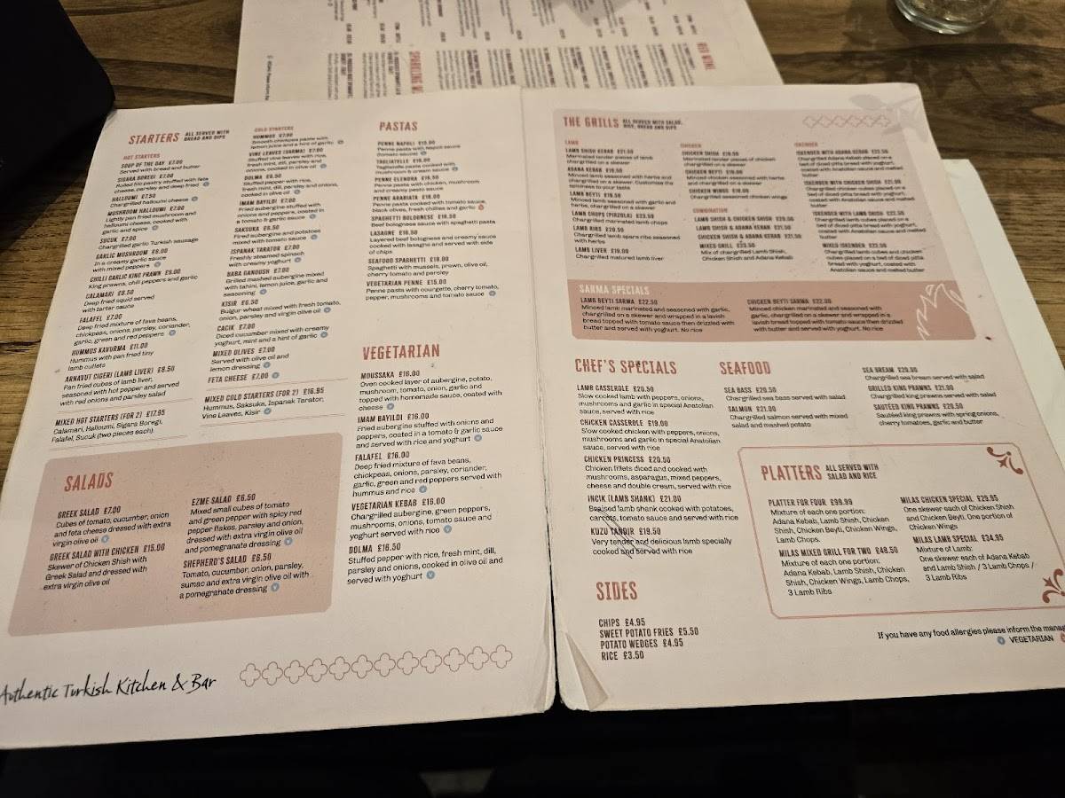 Menu at Milas restaurant, Dundee
