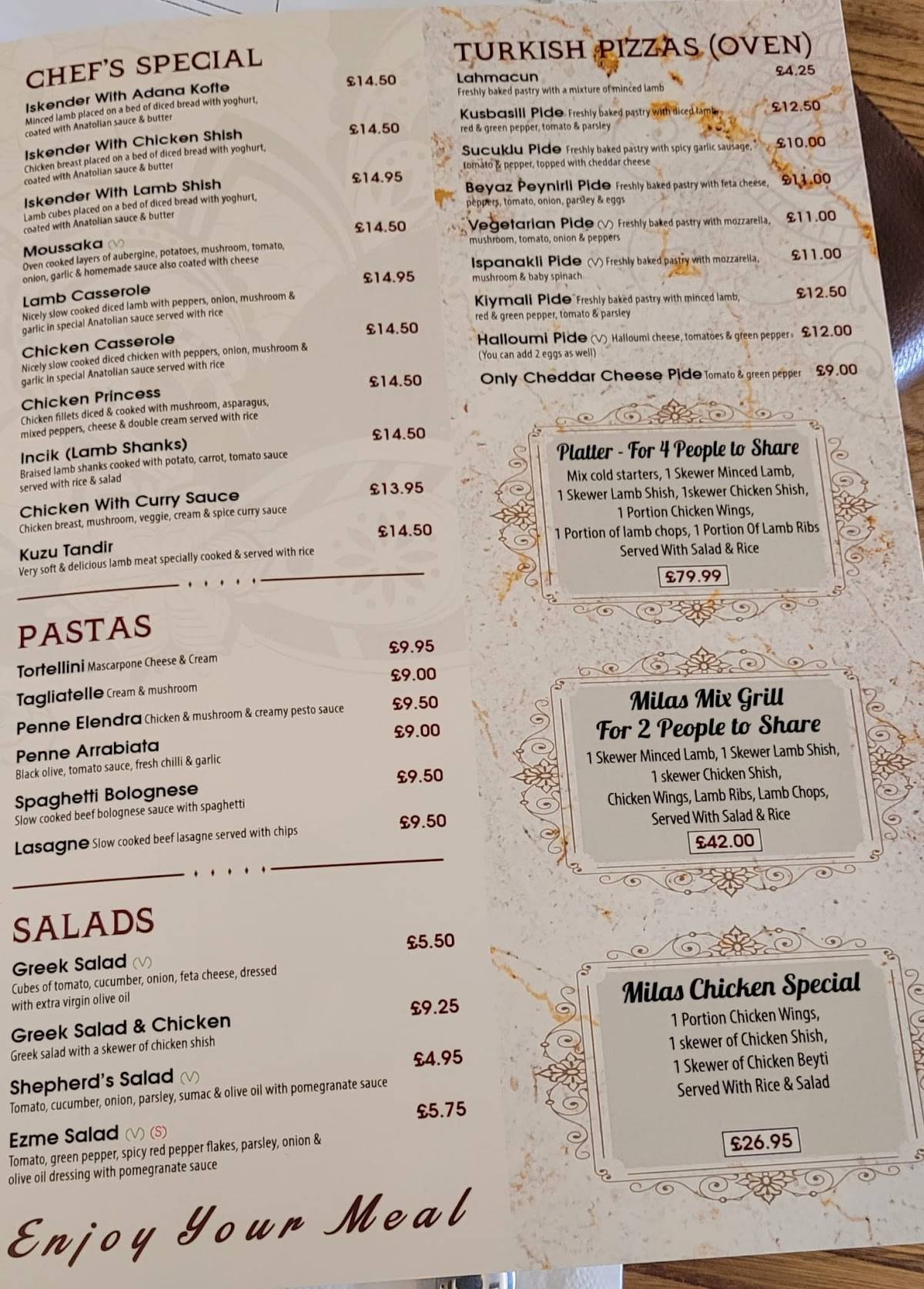 Menu at Milas restaurant, Dundee