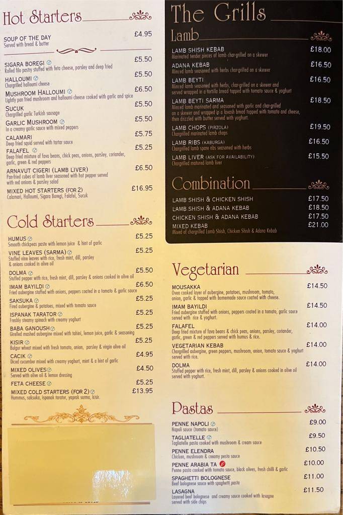 Menu at Milas restaurant, Dundee