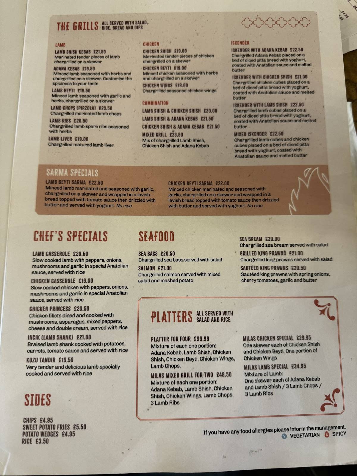Menu at Milas restaurant, Dundee