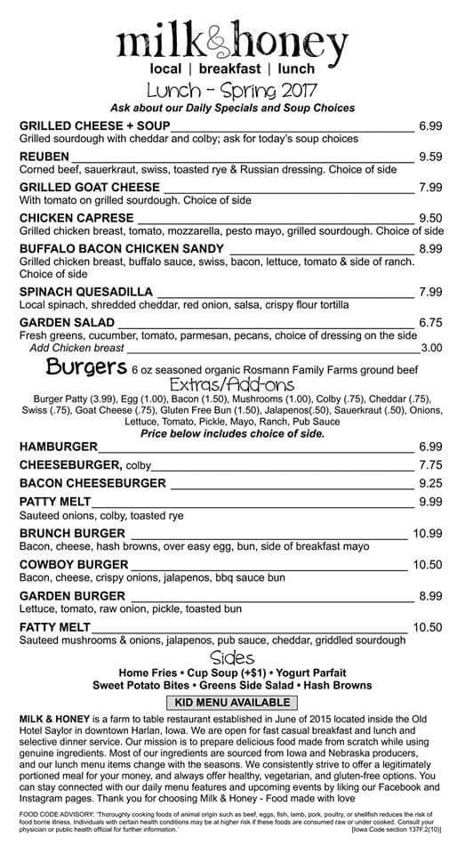 Menu at Milk & Honey breakfast & lunch restaurant, Harlan