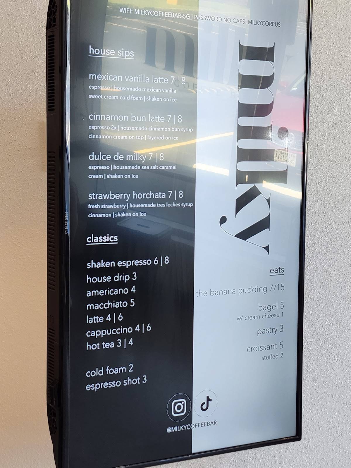 Menu at Milky Coffee Bar, Corpus Christi