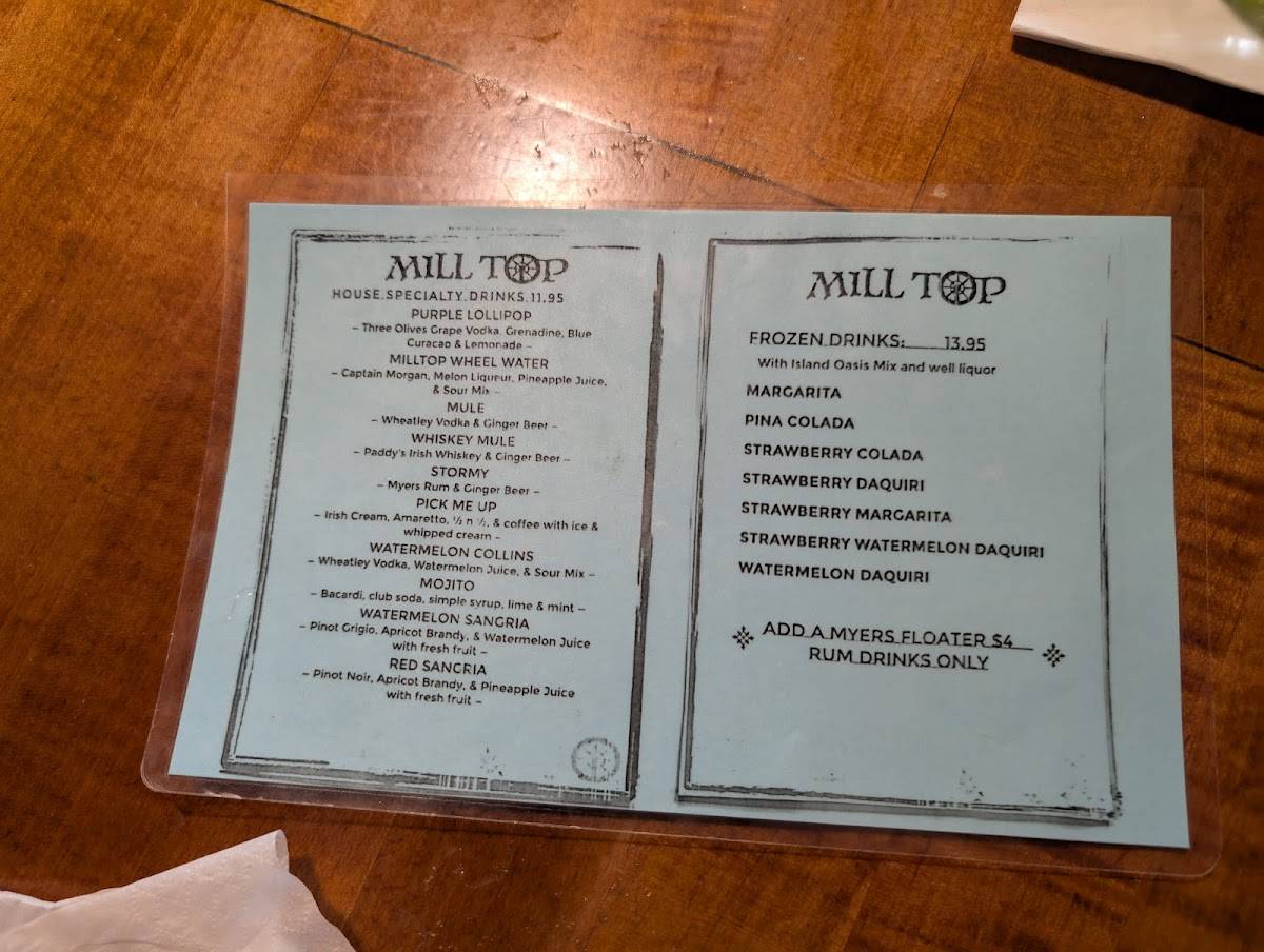 Menu at Mill Top Tavern and Listening Room pub & bar, St. Augustine