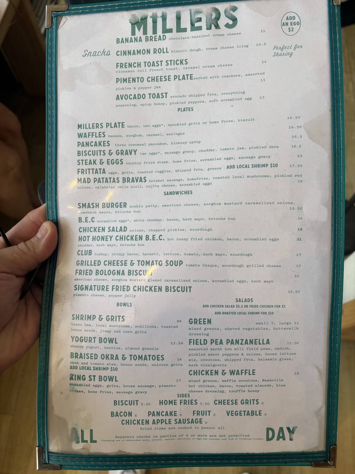 Menu at Millers All Day restaurant, Charleston