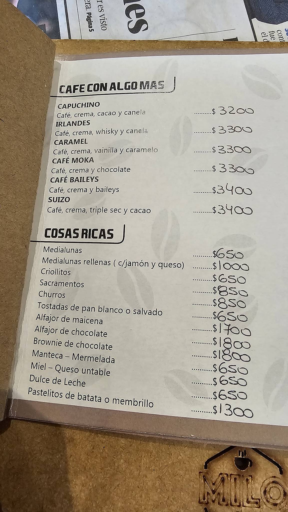 Carta de Milo café, Villa Carlos Paz