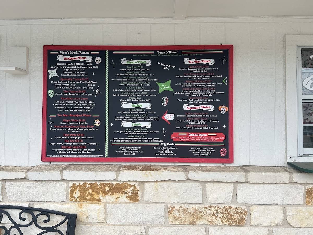 Menu at Mima's Tacos restaurant, Wimberley