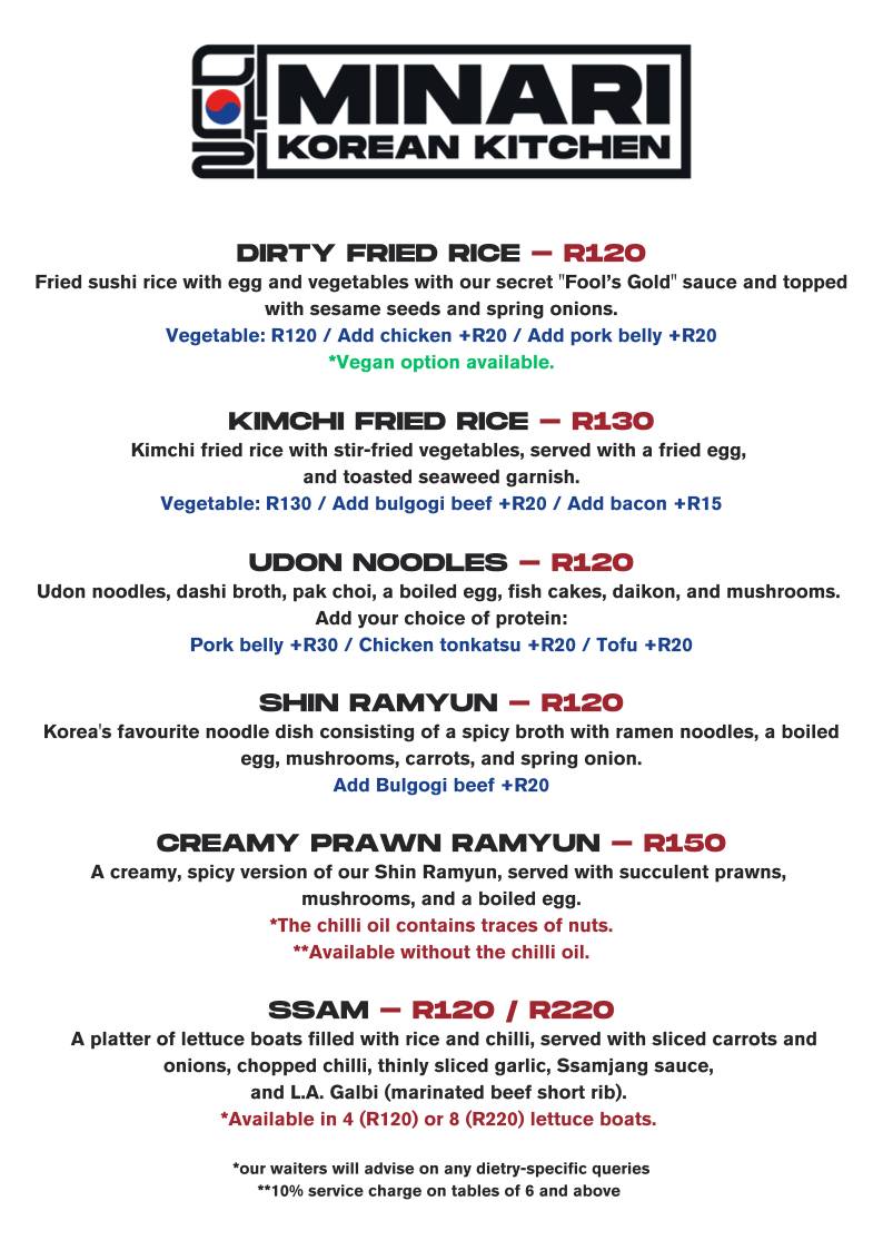 Menu at Minari Korean Kitchen Stellenbosch restaurant, Stellenbosch
