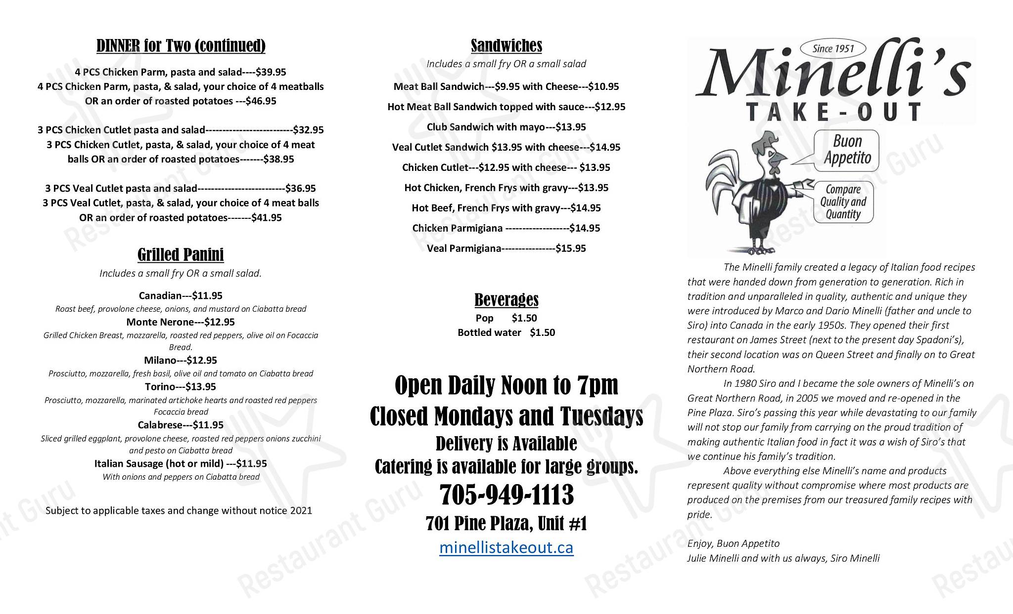 Menu at Minelli's Takeout restaurant, Sault Ste. Marie