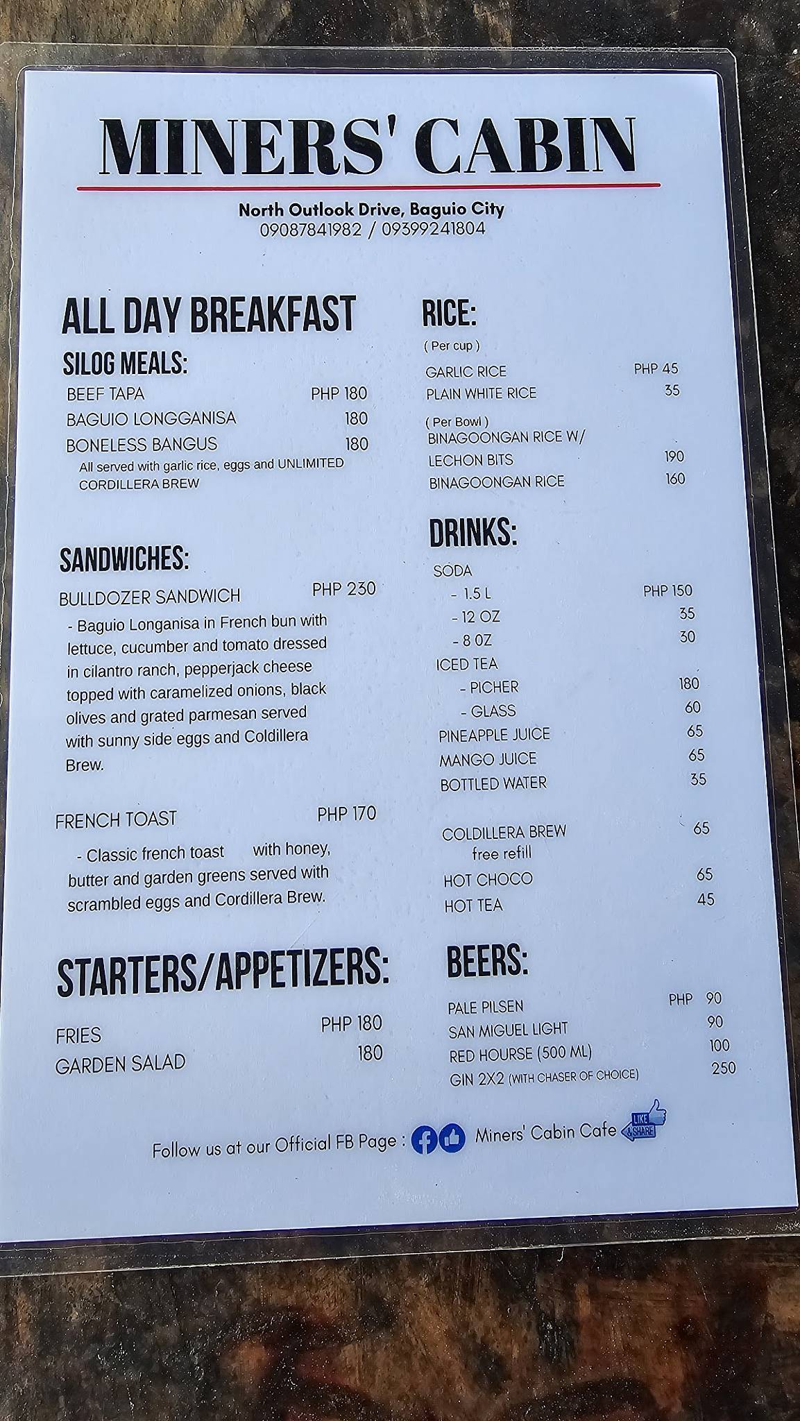 Menu at Miners' Cabin Cafe, Baguio