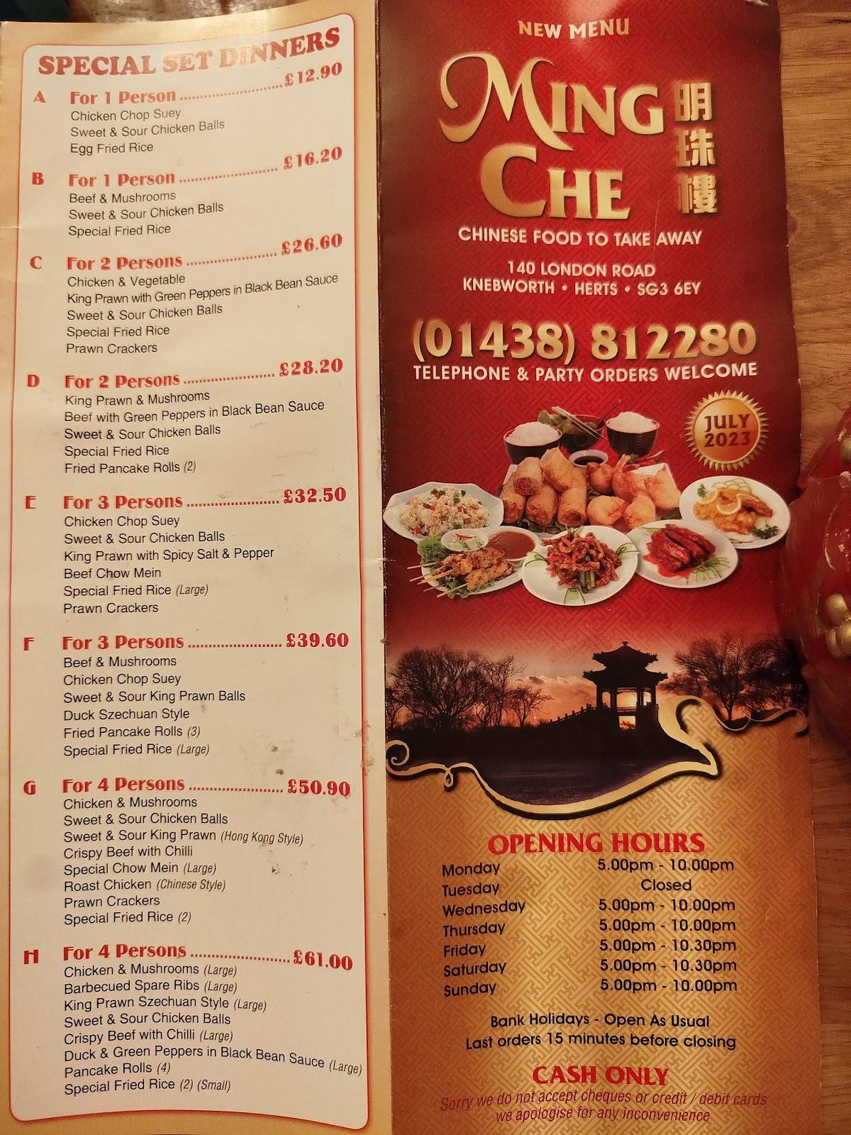 Menu at Ming Che fast food, Knebworth