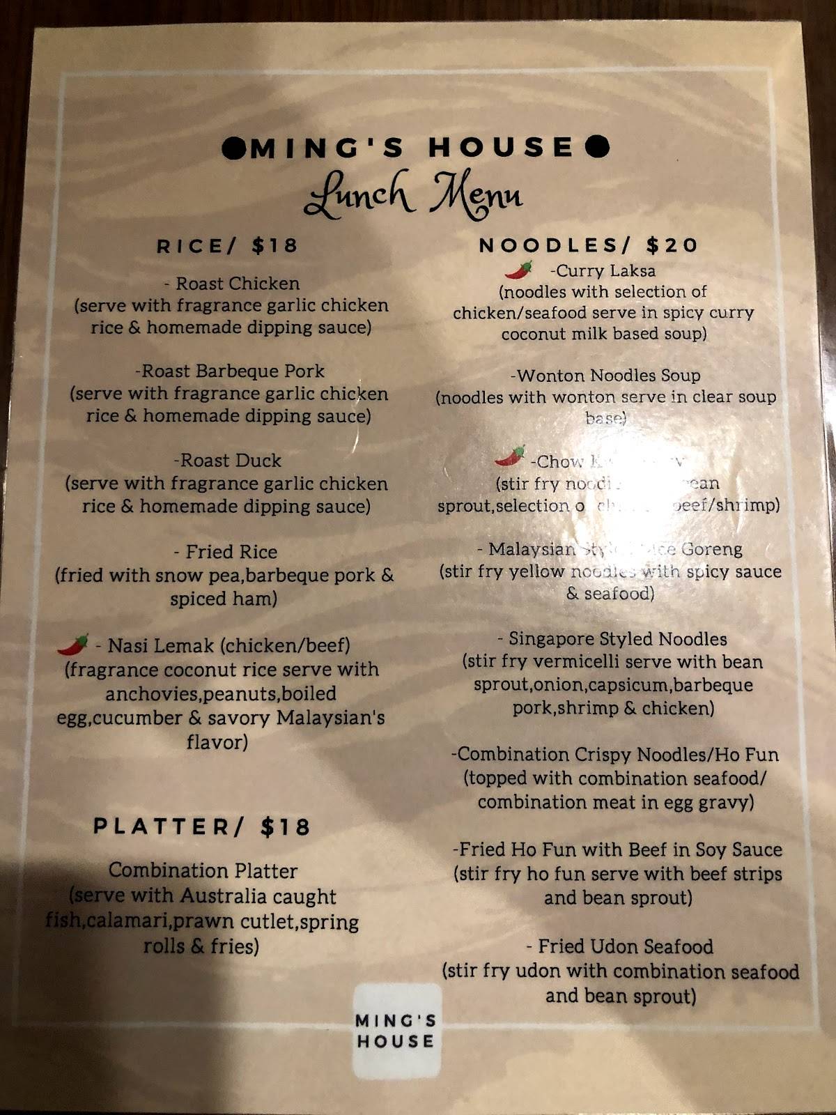 Menu at Ming's House restaurant, Garbutt, 143 Duckworth St