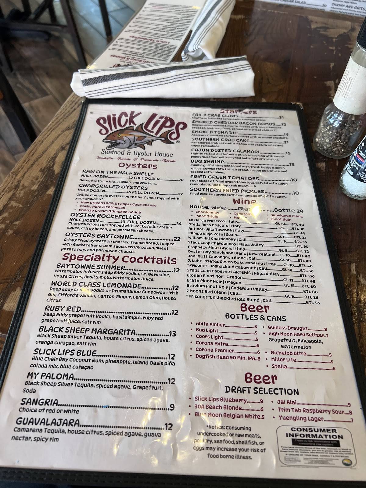 Menu at Slick Lips Seafood & Oyster House restaurant, Miramar Beach